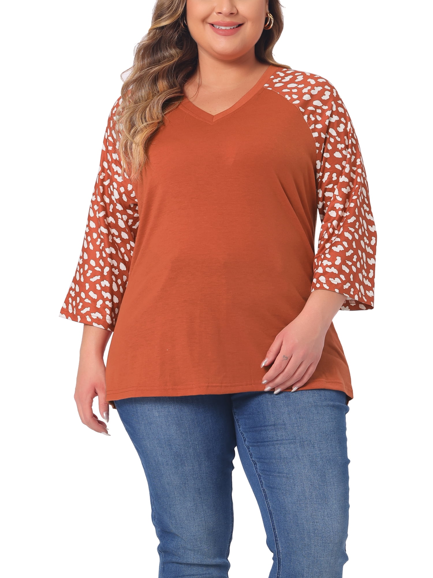 Agnes Orinda Womens Plus Size Fall Contrast Panel Floral V Neck 3 4