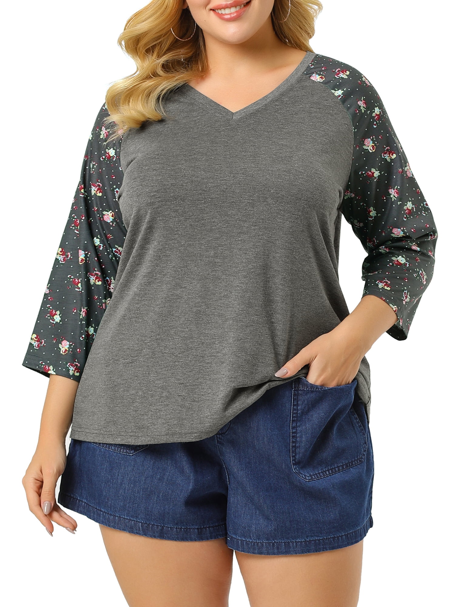 Agnes Orinda Women's Plus Size Fall Shirts V Neck 3/4 Sleeve Floral ...