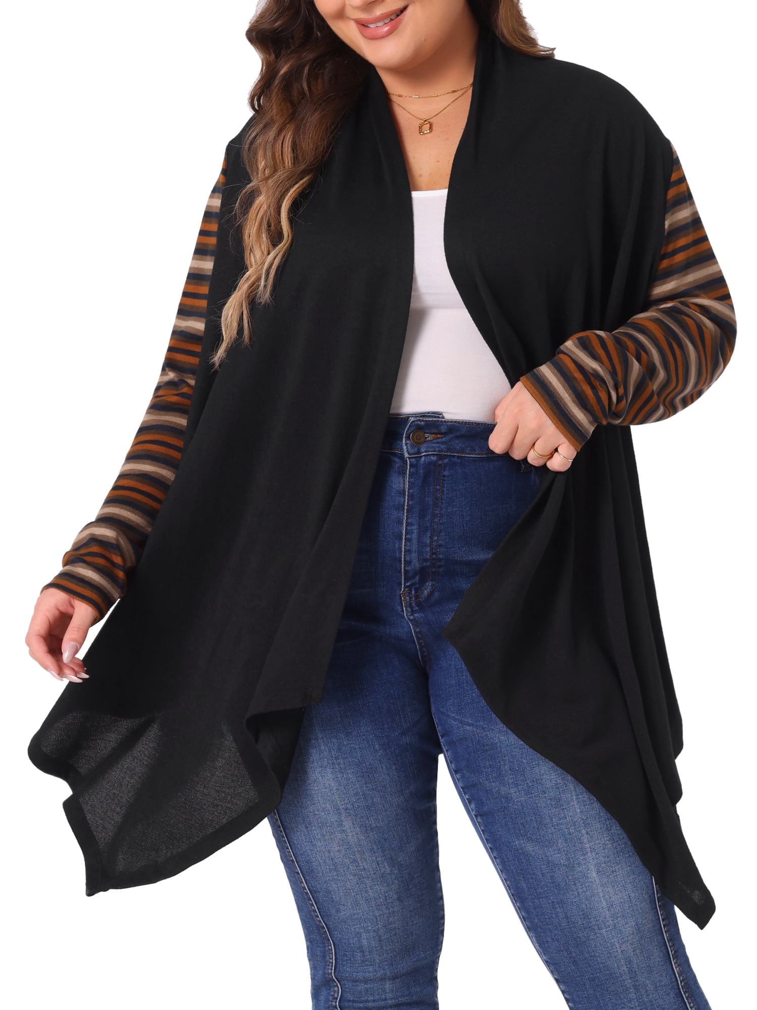 GRACE & GRANDEUR Women's Plus Size Stripe Print Long Sleeve Knit Cardigan 3X Black Brown ...