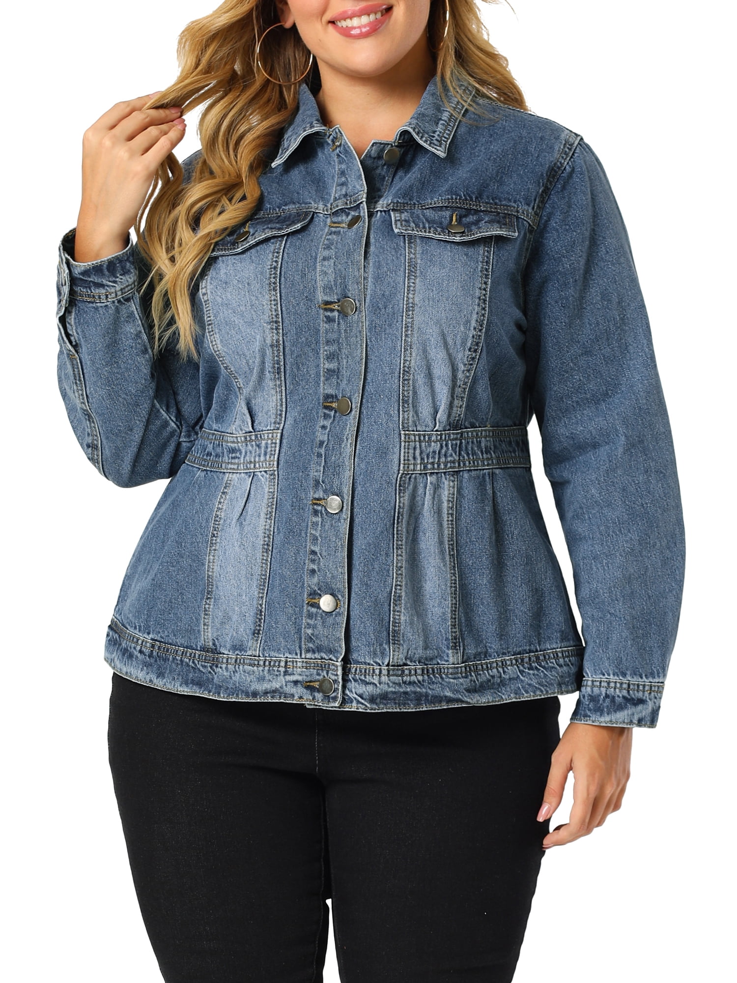 Agnes Orinda Plus Size Denim Jacket, Washed Front Trucker Jean Jacket ...