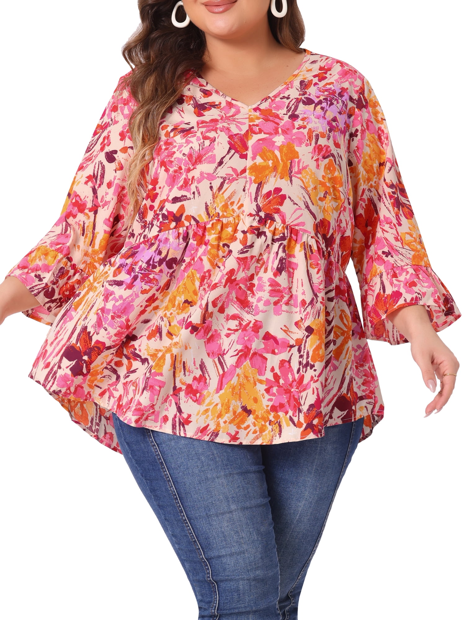 Agnes Orinda Women's Plus Size Floral Blouses V Neck Ruffle 3/4 Sleeves ...