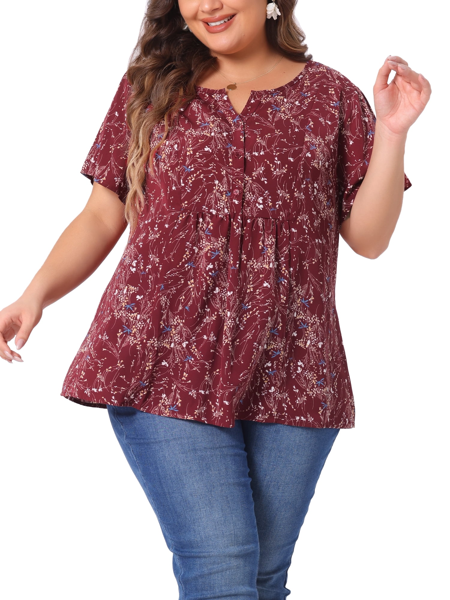 Agnes Orinda Women's Plus Size Peplum Tops Floral Half Placket Short ...