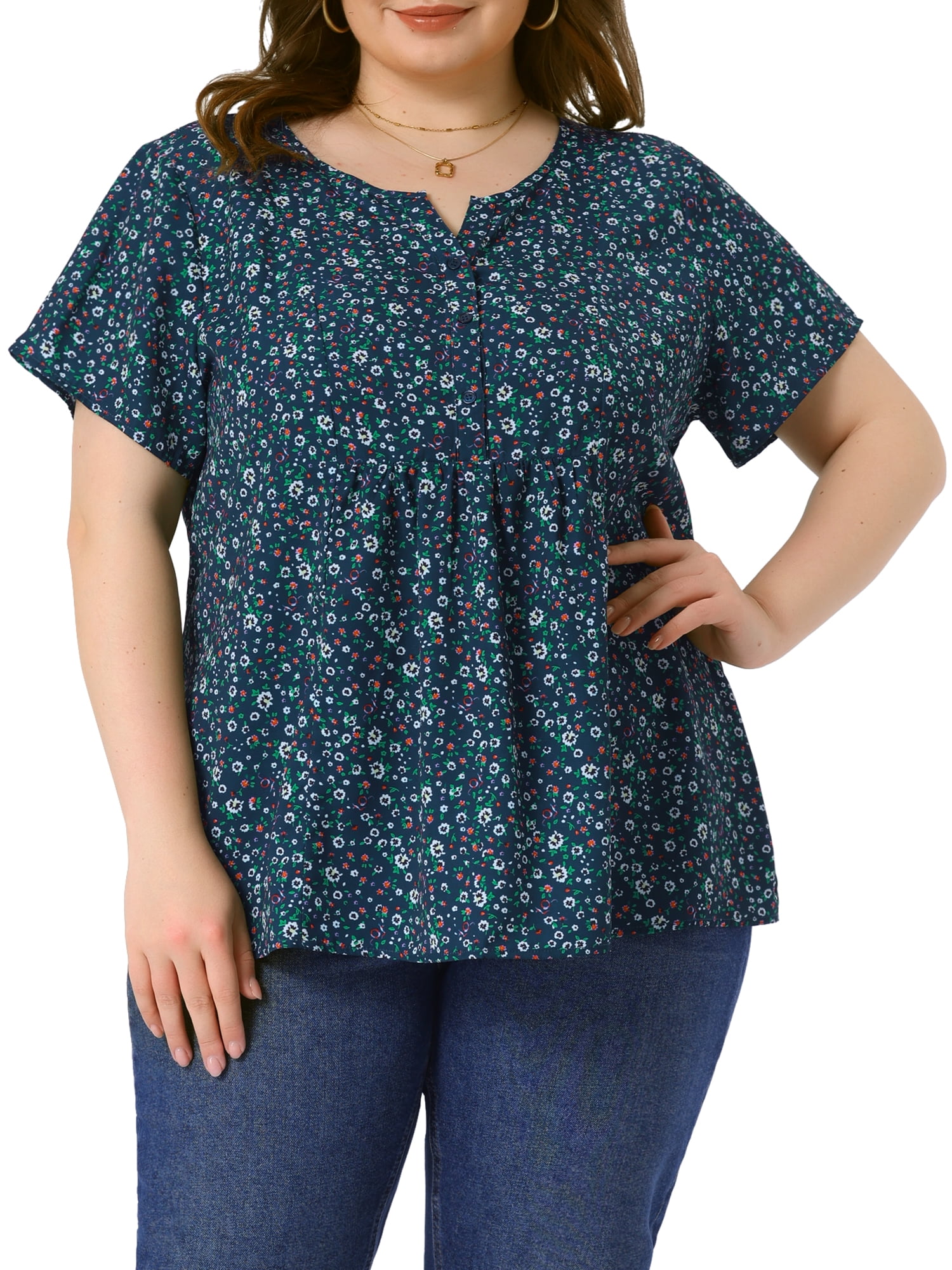 Agnes Orinda Women's Plus Size Peplum Tops Floral Half Placket Short ...