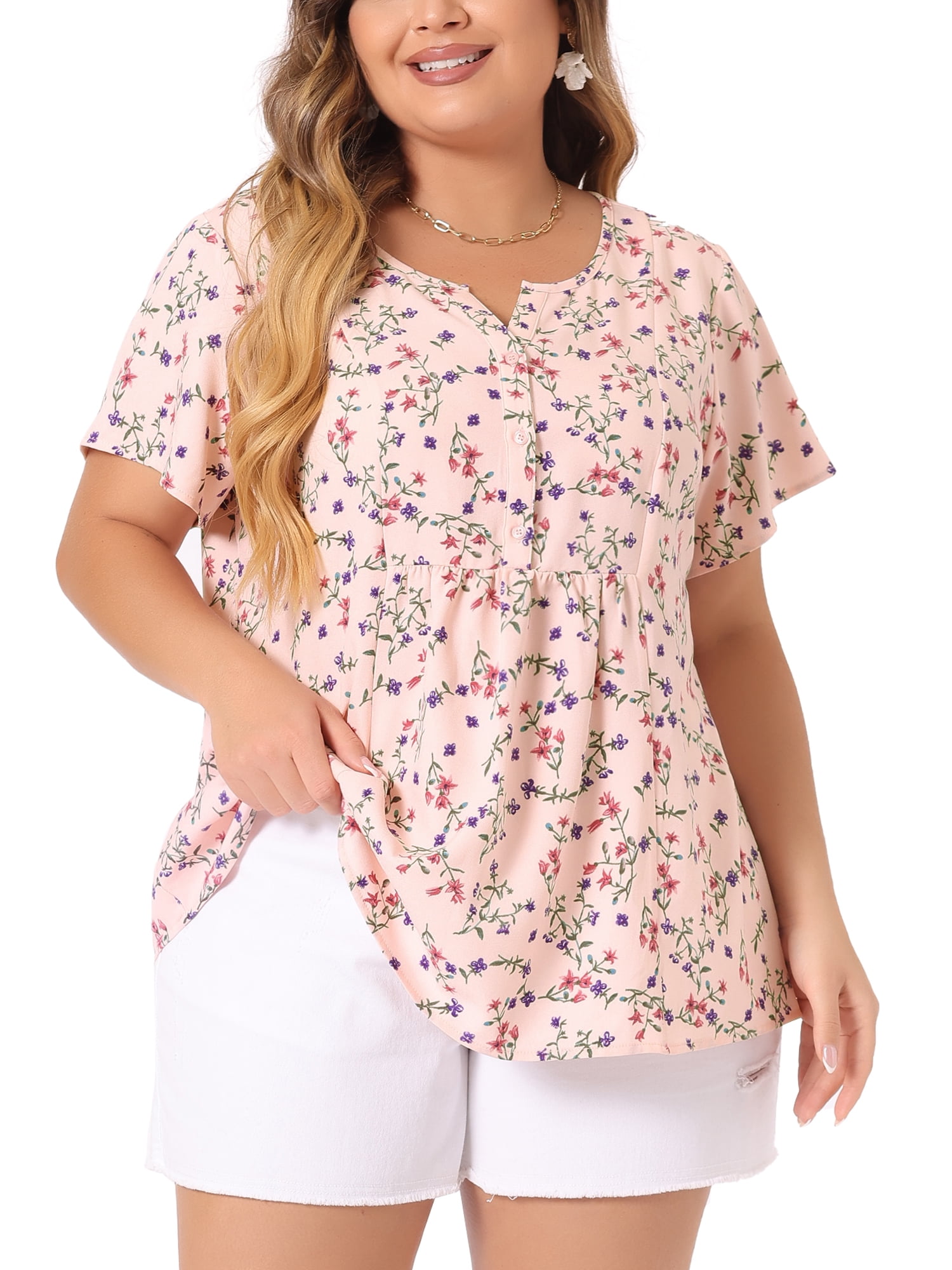 Agnes Orinda Women's Plus Size Peplum Tops Floral Half Placket Short ...