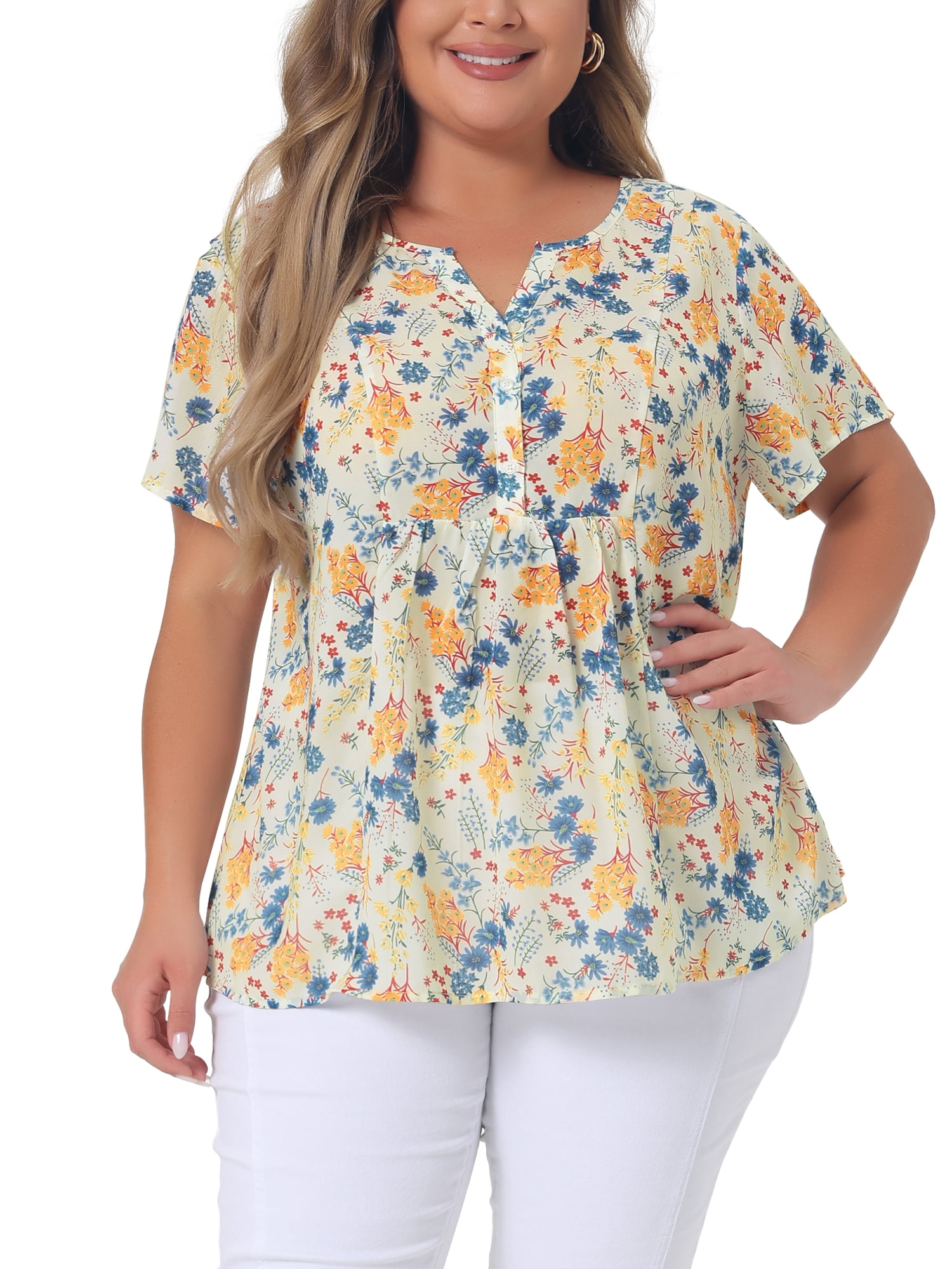 Agnes Orinda Womens Plus Size Floral Half Placket Short Sleeve Casual Peplum Blouses 4x Beige