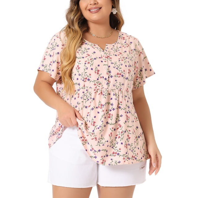 Agnes Orinda Womens Plus Size Floral Half Placket Short Sleeve Casual