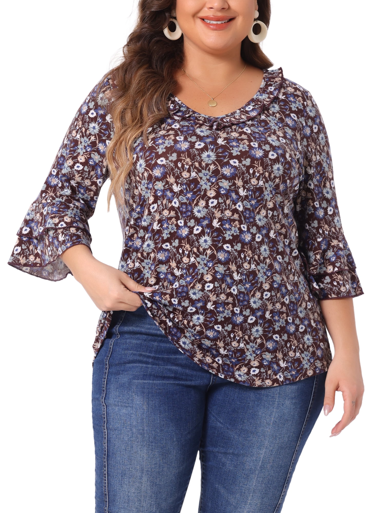 Agnes Orinda Women's Plus Size Floral Print V Neck Tiered Ruffle Bell ...