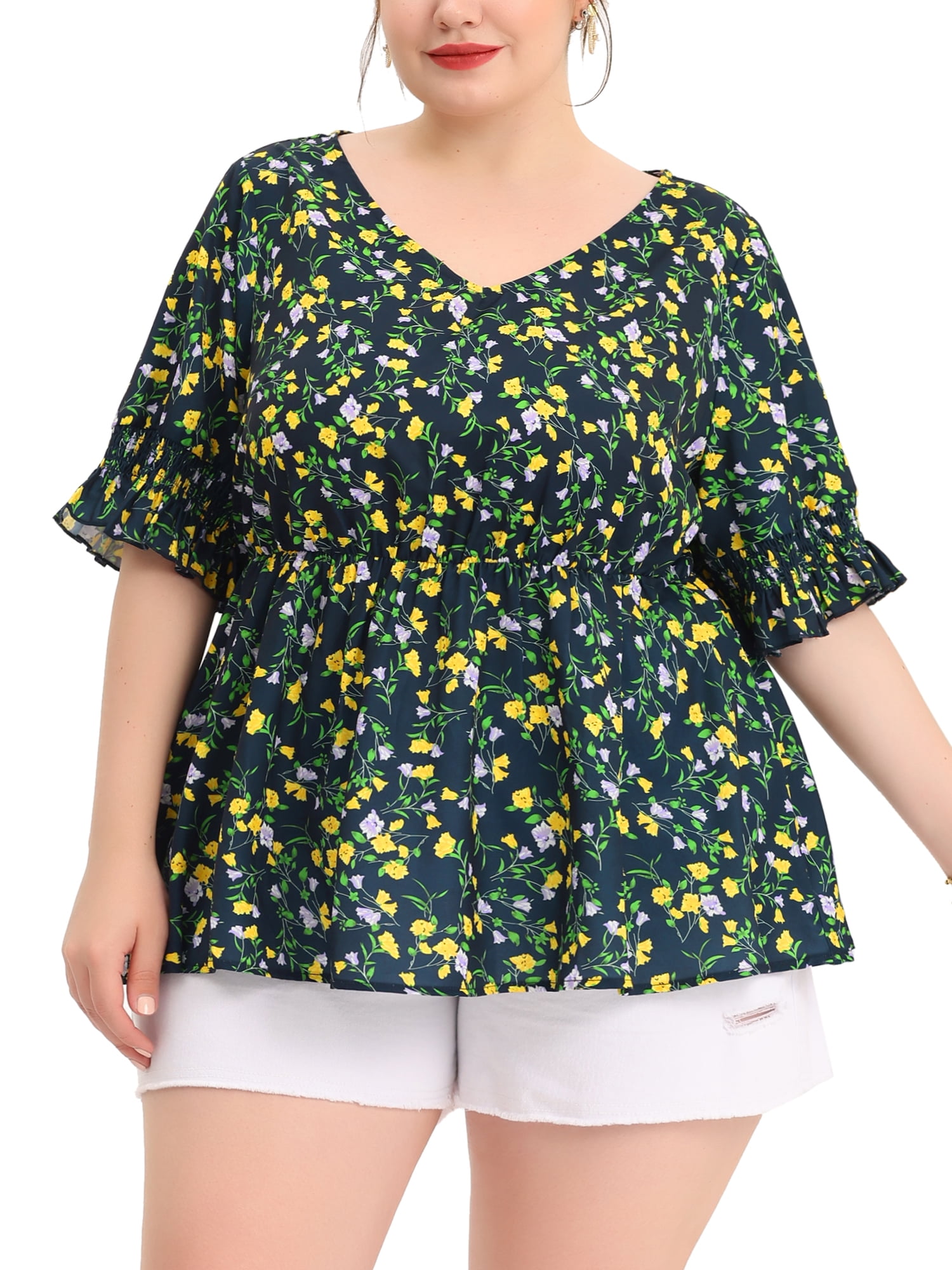 Agnes Orinda Women's Plus Size Floral Ruffle Smock Sleeve V Neck Peplum Blouse - Walmart.com