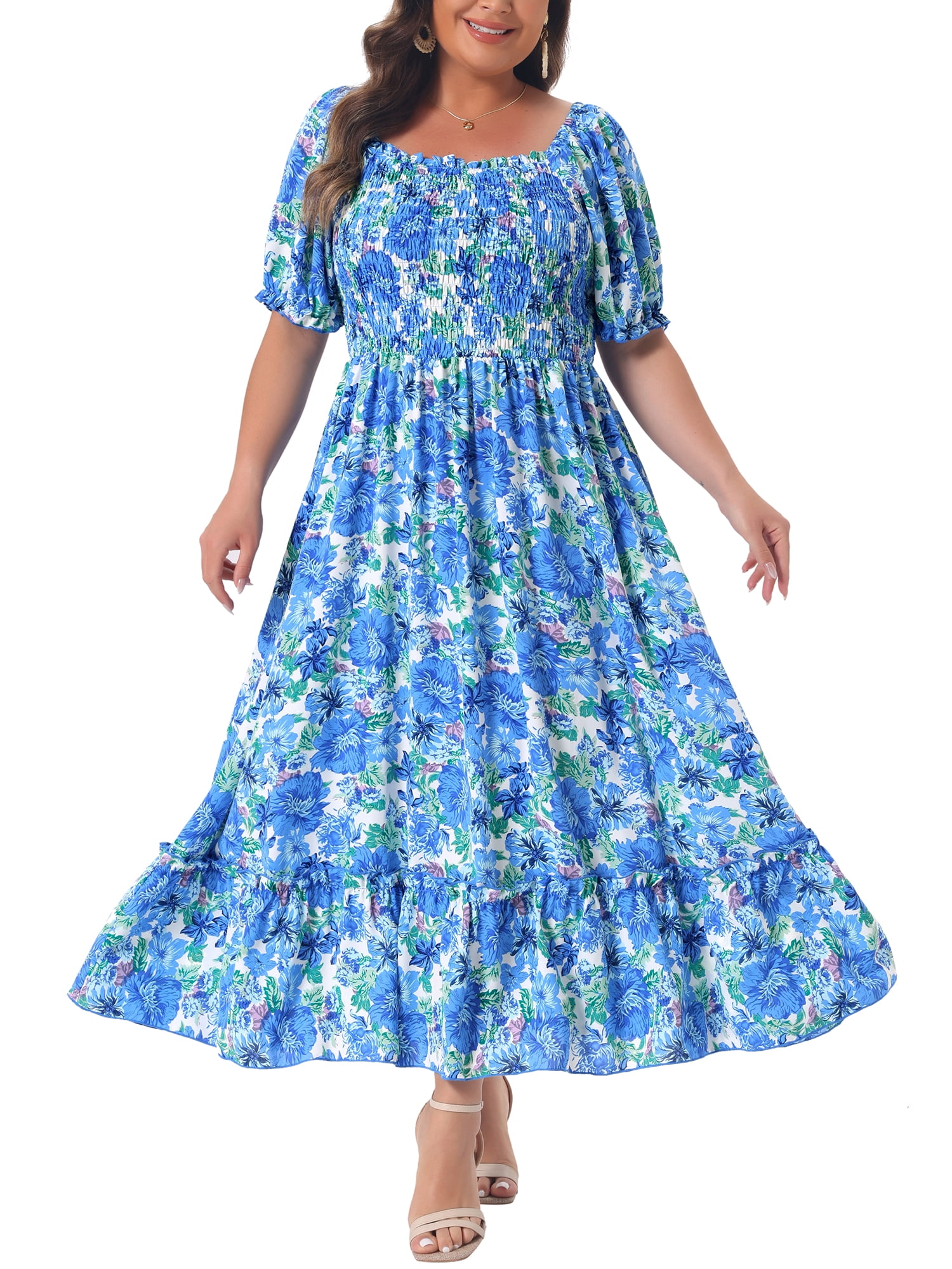 GRACE & GRANDEUR Women's Plus Size Floral Maxi Dress, Square Neck ...