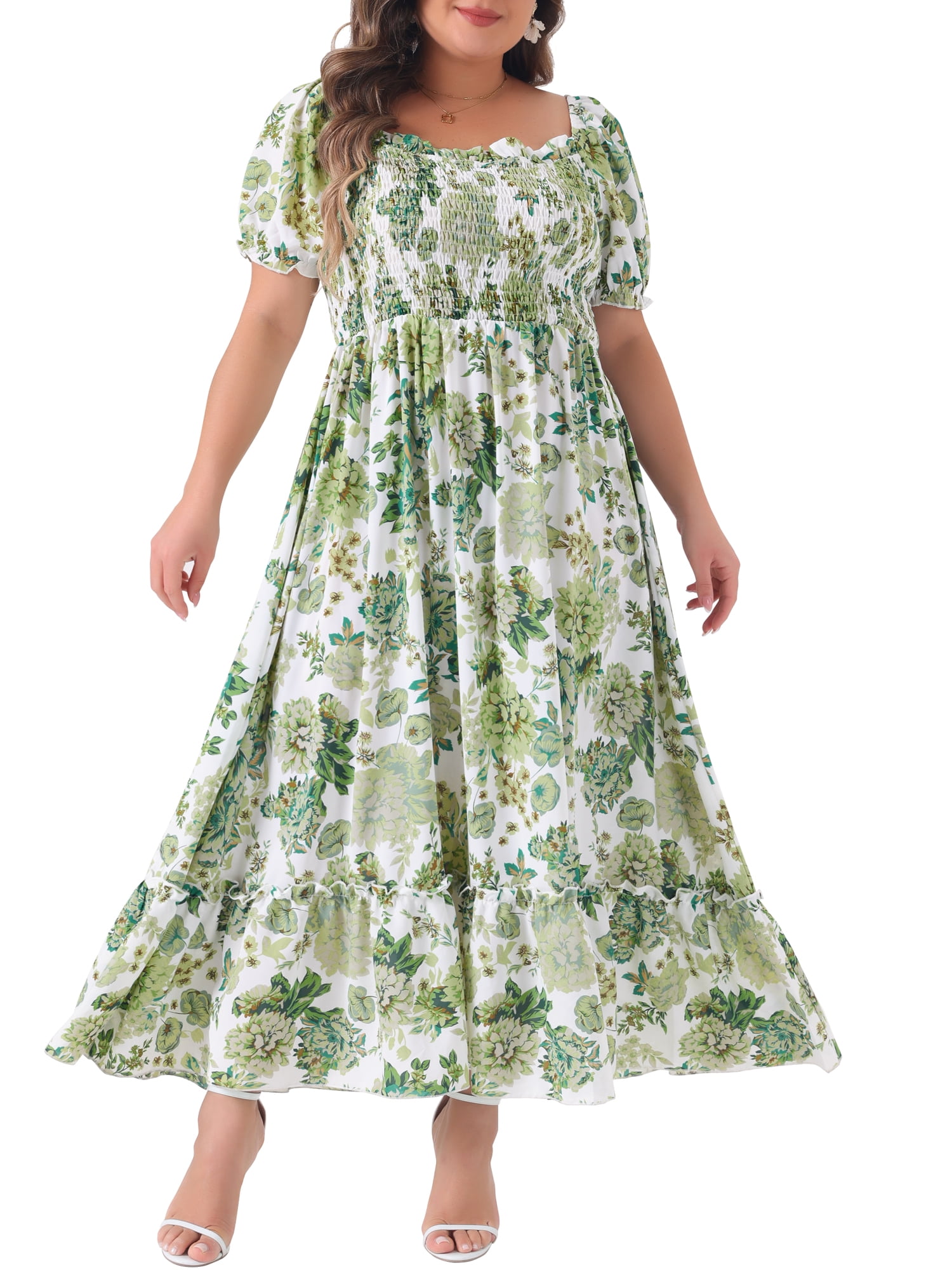 GRACE & GRANDEUR Women's Plus Size Dress Square Neck Smocked Boho ...