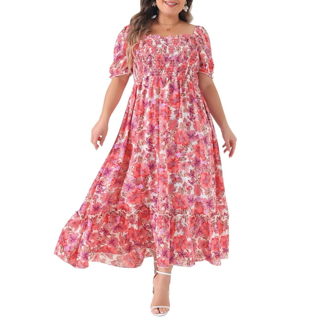 GRACE & GRANDEUR Women's Plus Size Square Neck Short Sleeve Smocked ...