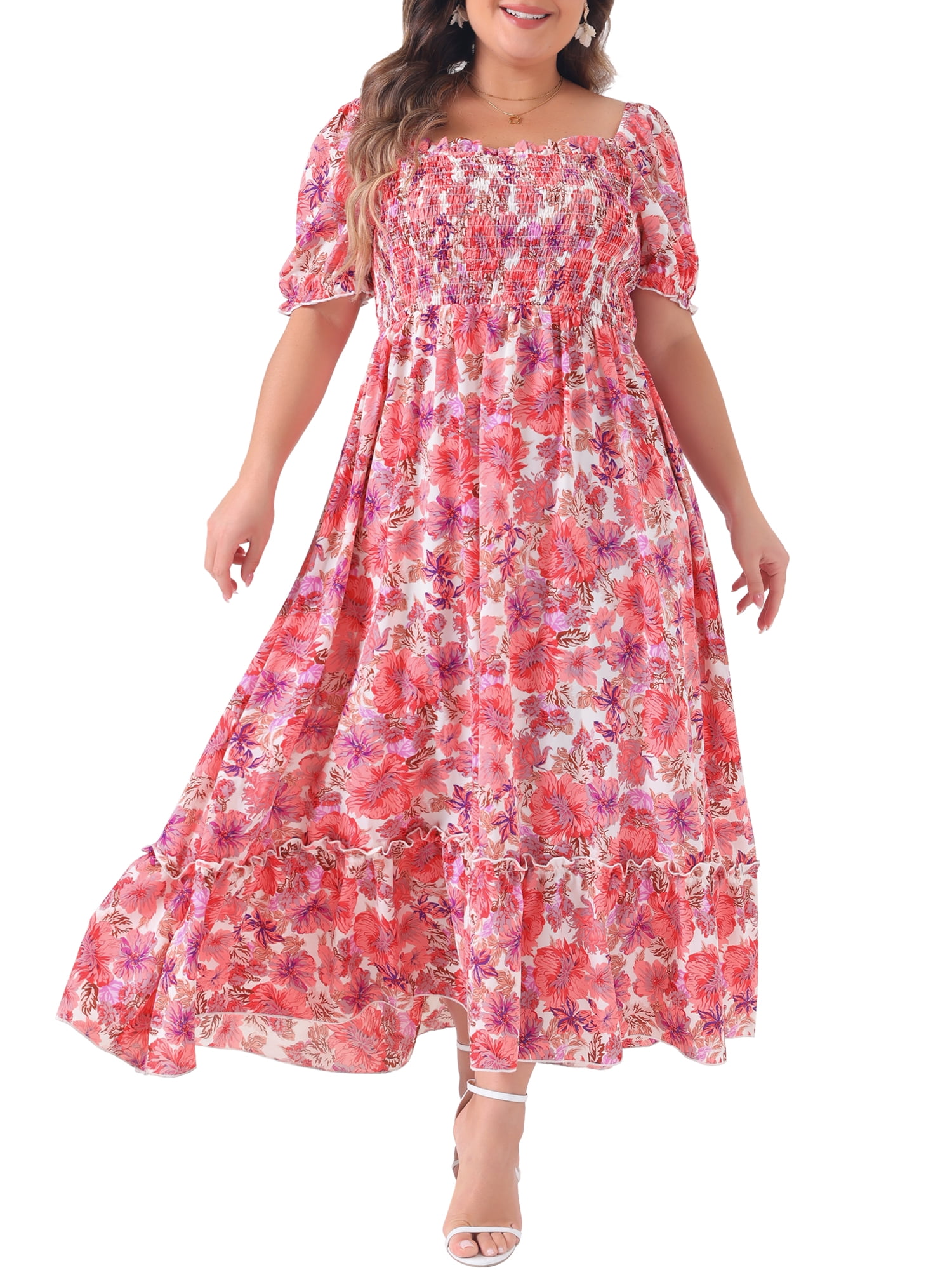 GRACE & GRANDEUR Women's Plus Size Short Sleeves Square Neck Smocked ...