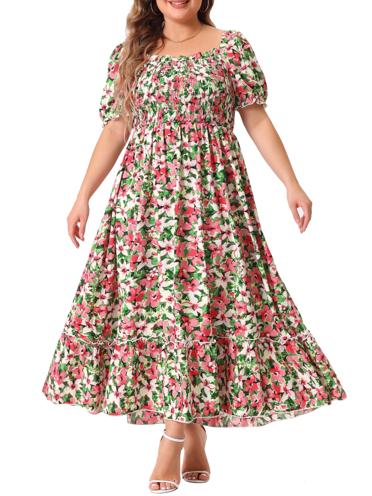 Agnes Orinda Women's Plus Size Dresses Empire Waist Floral Print Square ...