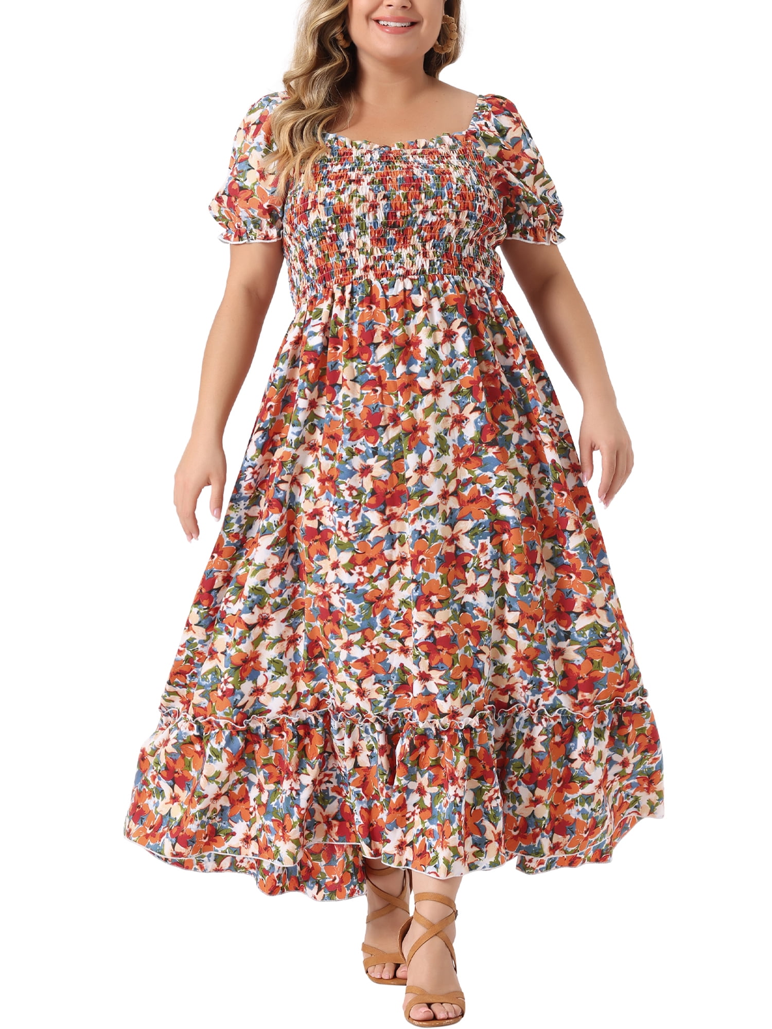 GRACE & GRANDEUR Women's Plus Size Square Neck Short Sleeve Smocked ...