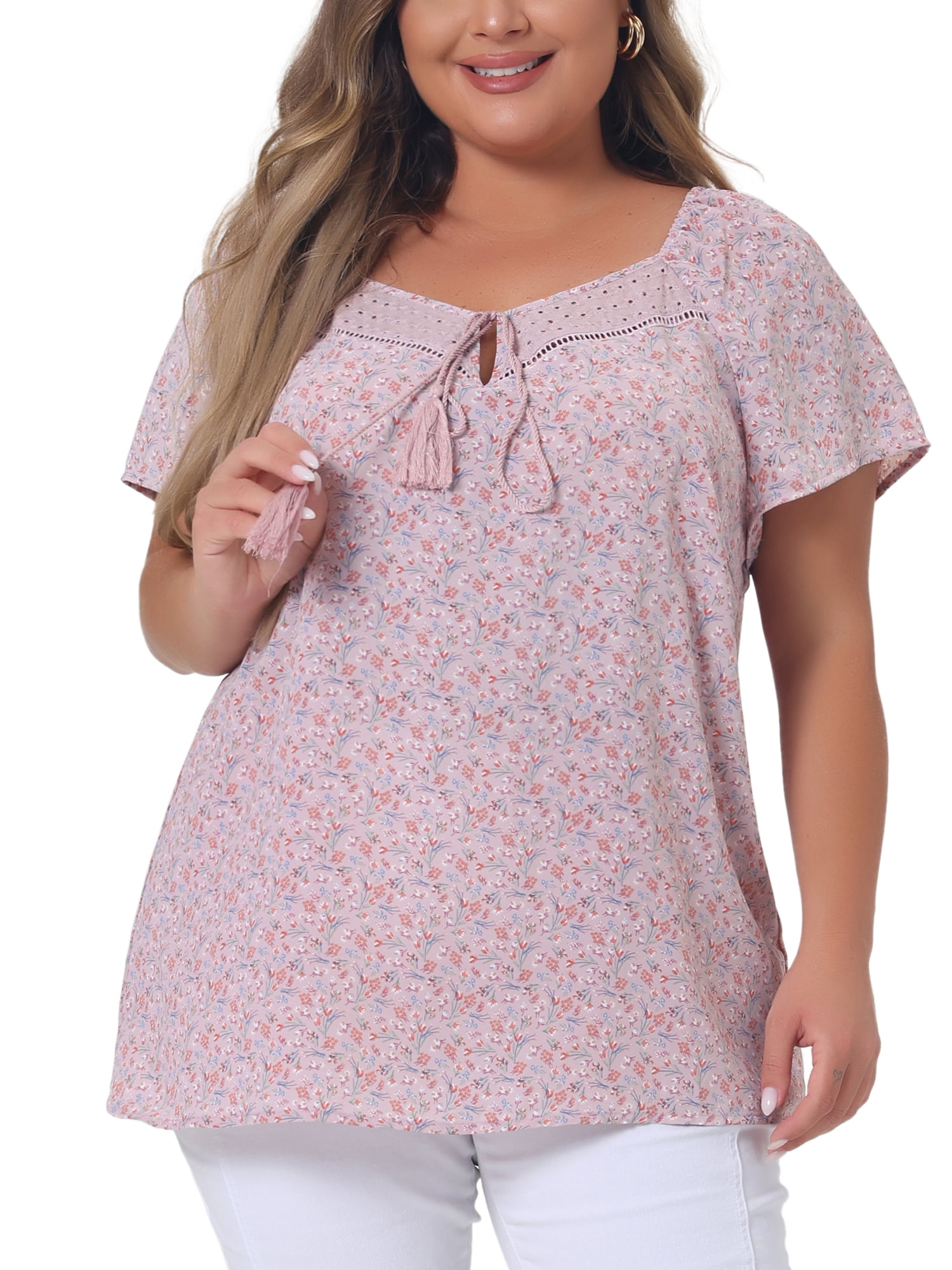 Agnes Orinda Women's Plus Size Floral Blouse Square Tassel Tie Neck ...