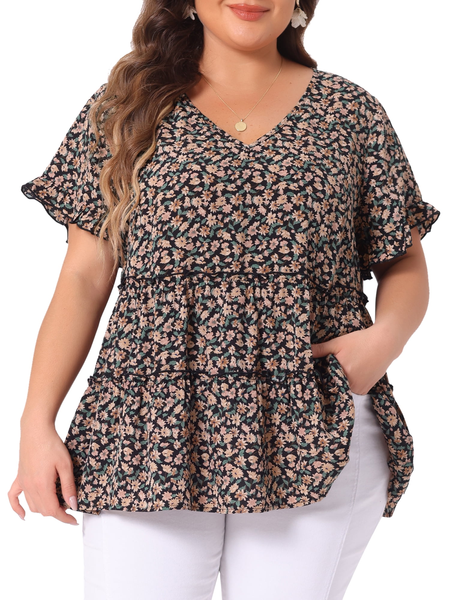 Agnes Orinda Women's Plus Size Summer Boho Floral V Neck Ruffle Sleeve ...