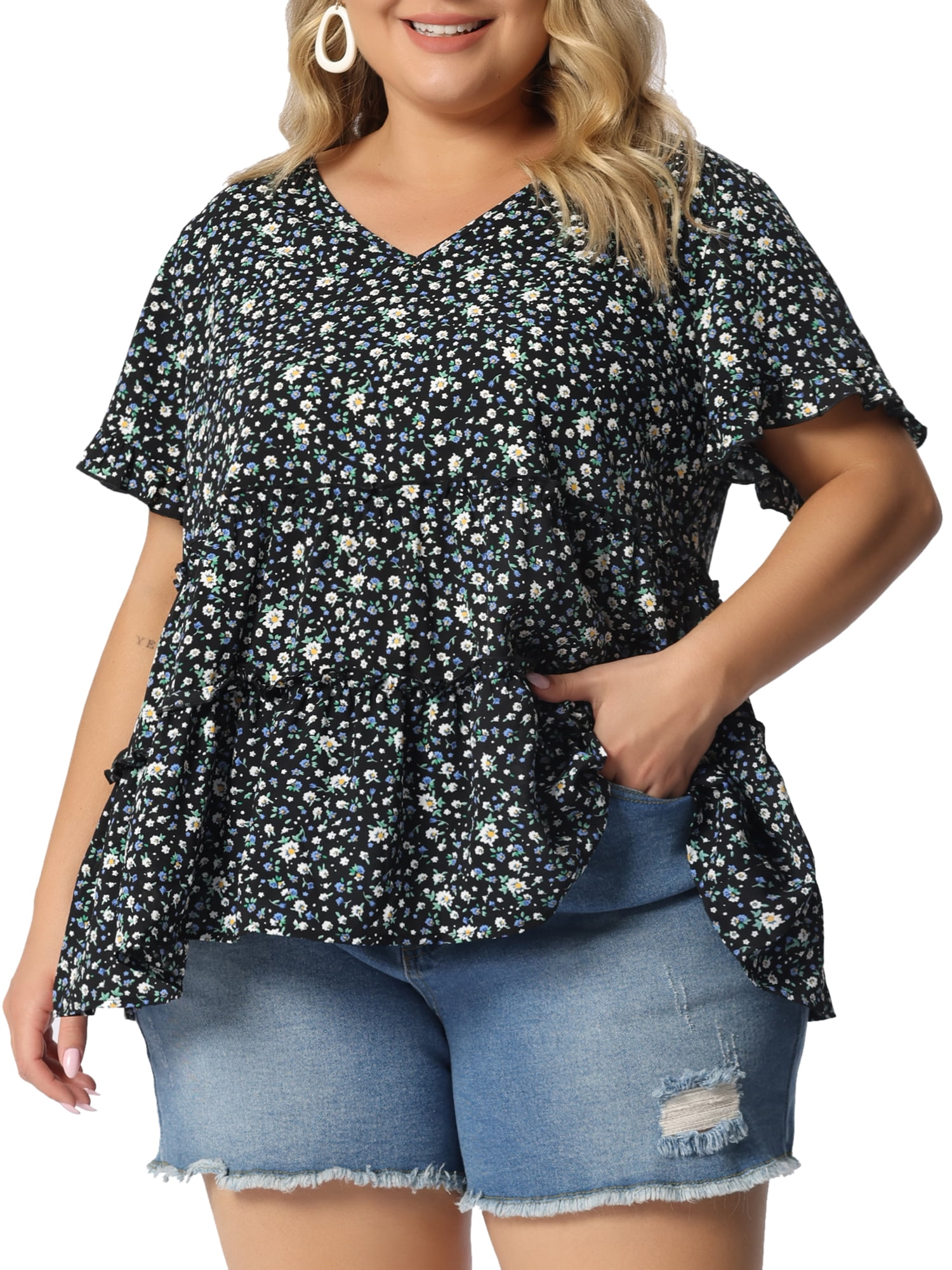 Agnes Orinda Plus Size Boho Floral Blouse, V Neck, Ruffle Sleeve ...
