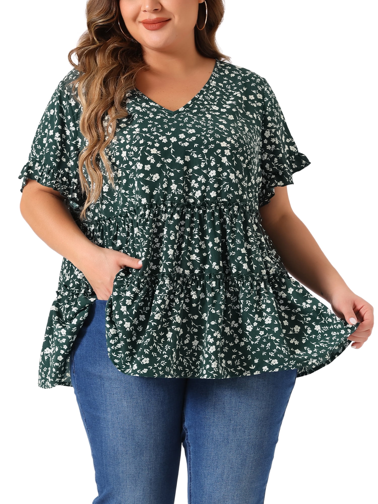 Agnes Orinda Womens Plus Size Floral V Neck Ruffle Sleeve Tiered