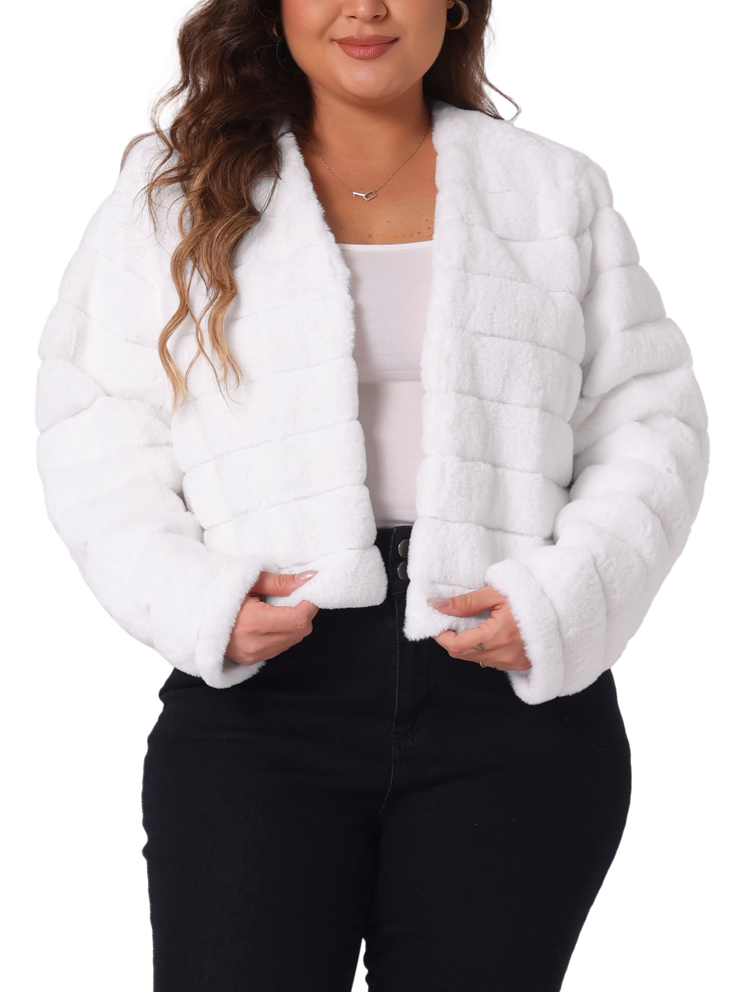 Agnes Orinda Women's Plus Size Cropped Jacket Open Front Fluffy Faux Fur Winter Coat Jackets 2X ...