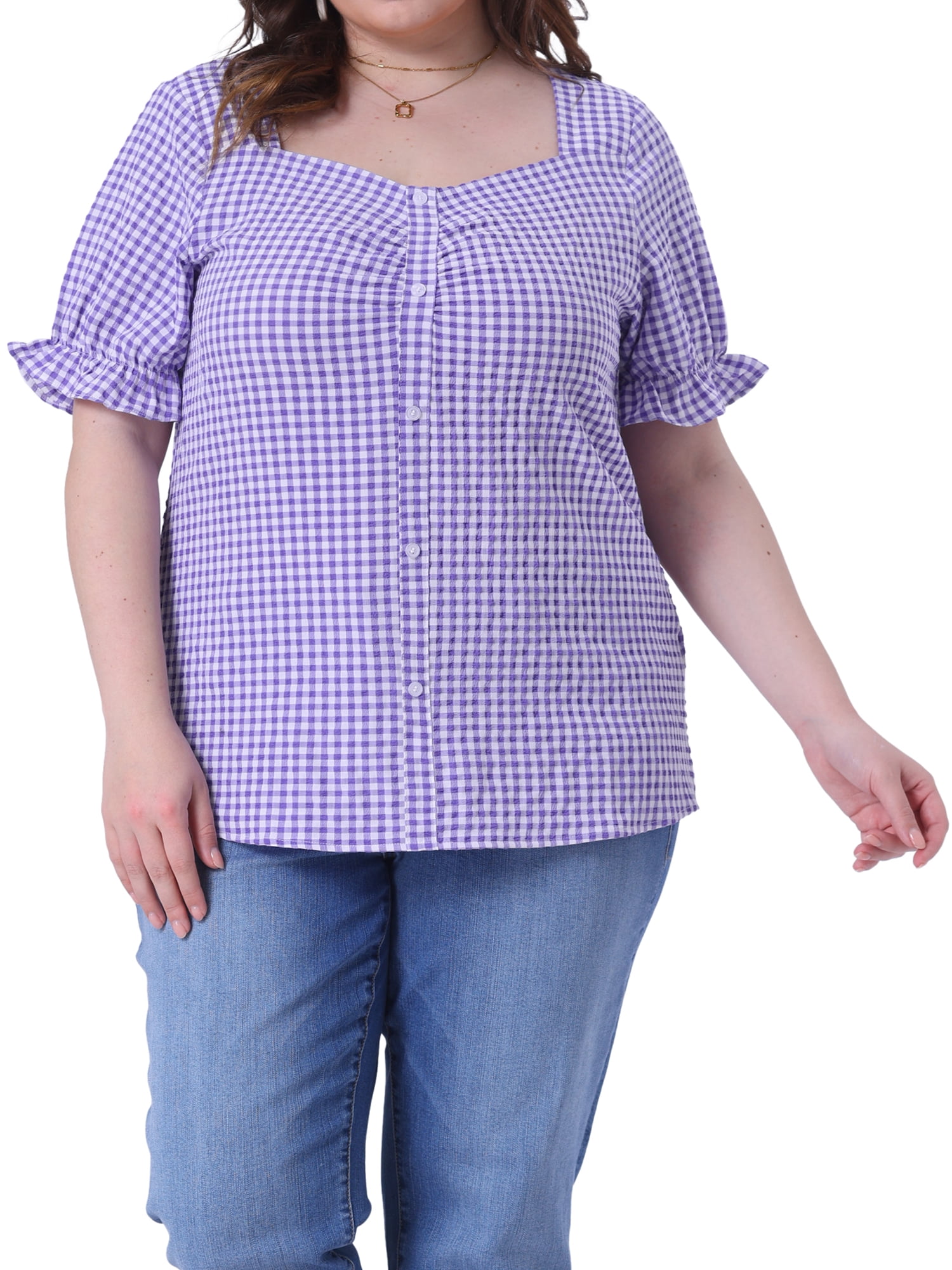 Agnes Orinda Women's Plus Size Gingham 1950s Sweetheart Neck Button ...