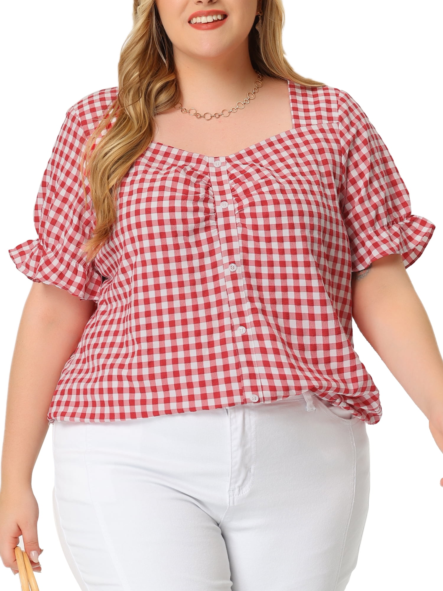 Agnes Orinda Women's Plus Size Gingham Blouse, Sweetheart Neck, Button ...