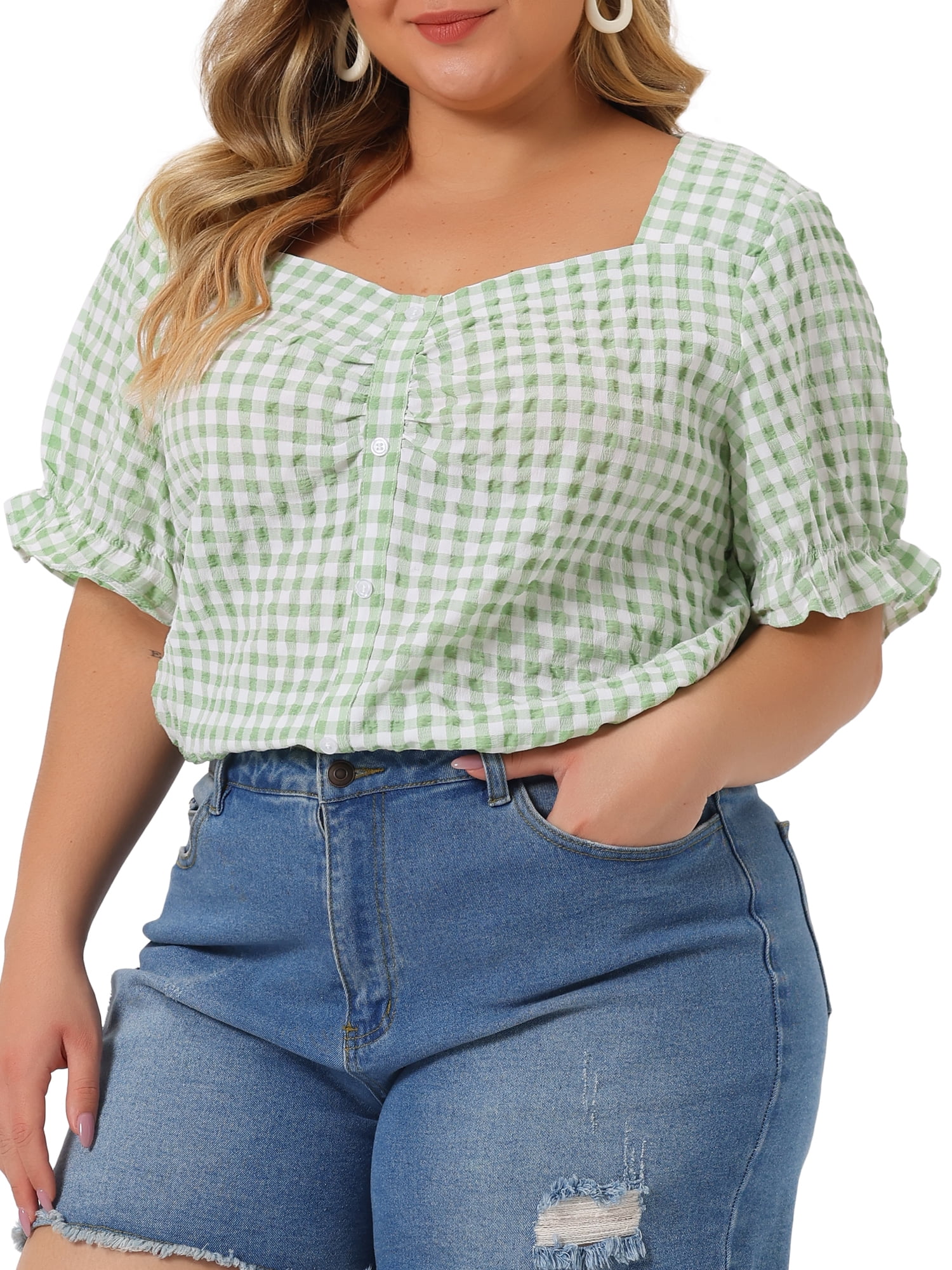 Agnes Orinda Women's Plus Size Gingham 1950s Sweetheart Neck Button ...