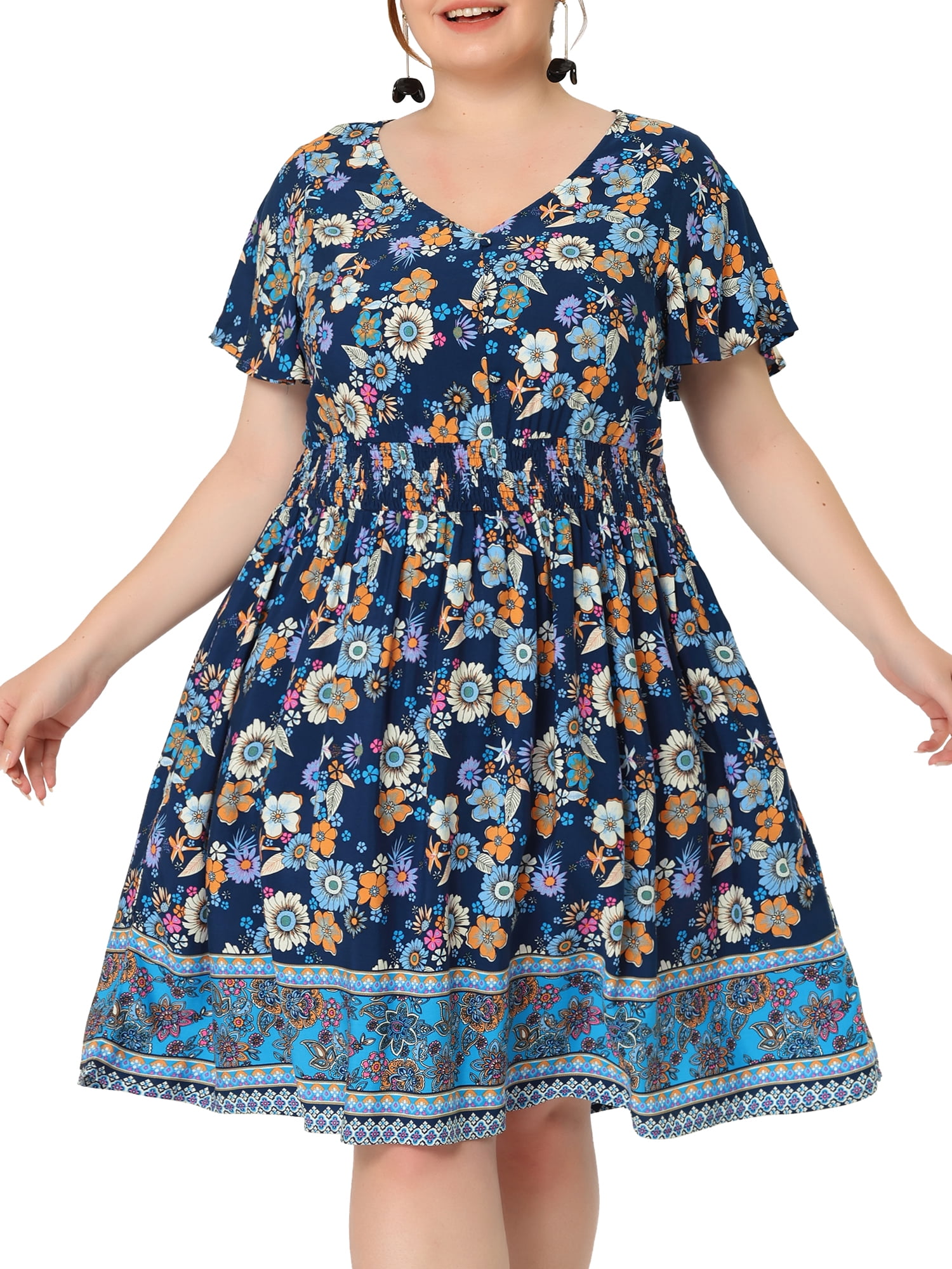 Agnes Orinda Women's Plus Size Bohemian Floral Midi Dress with Smocked ...