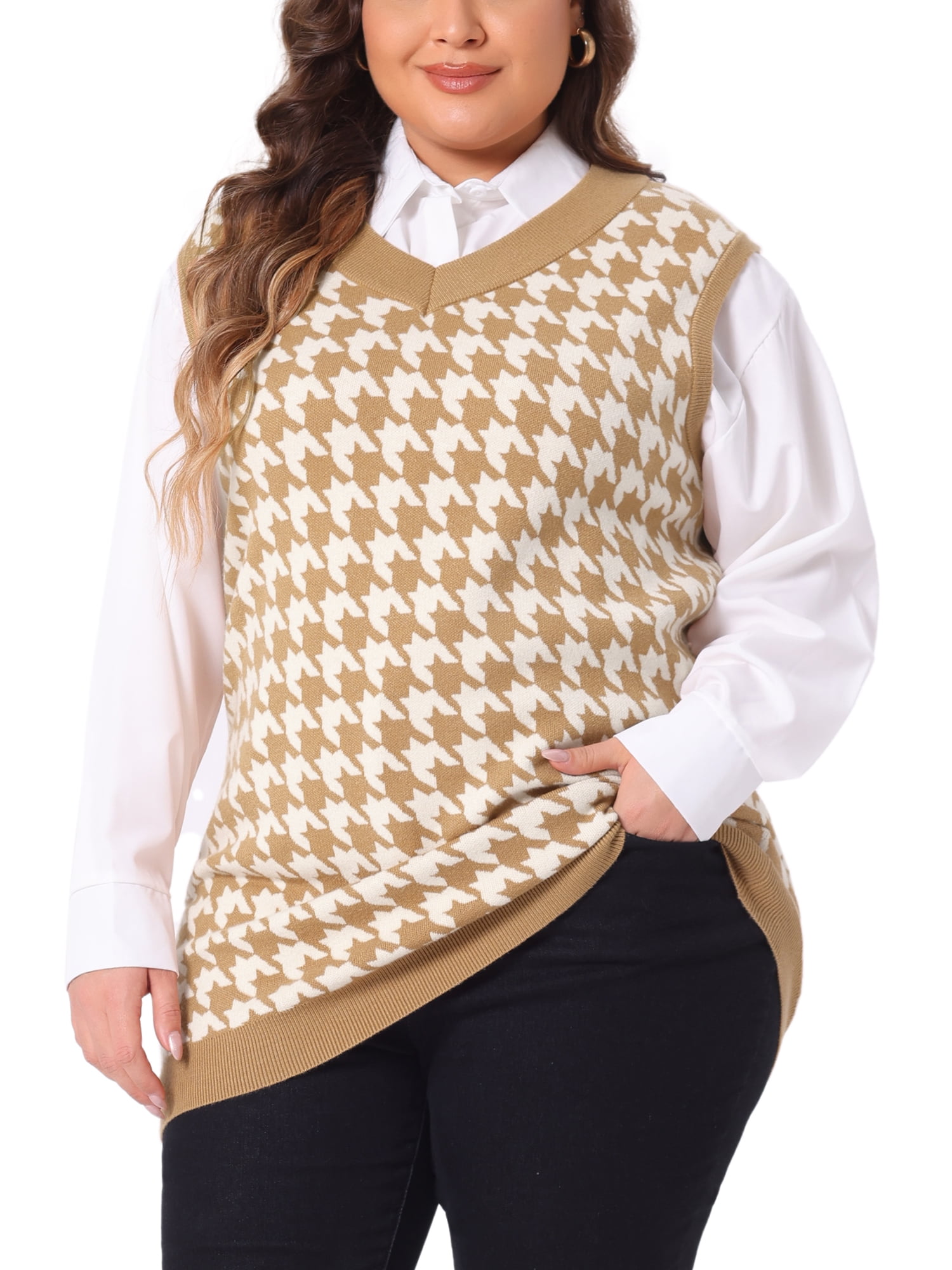 Agnes Orinda Women's Plus Size Houndstooth V Neck Vest Sweaters 3X ...