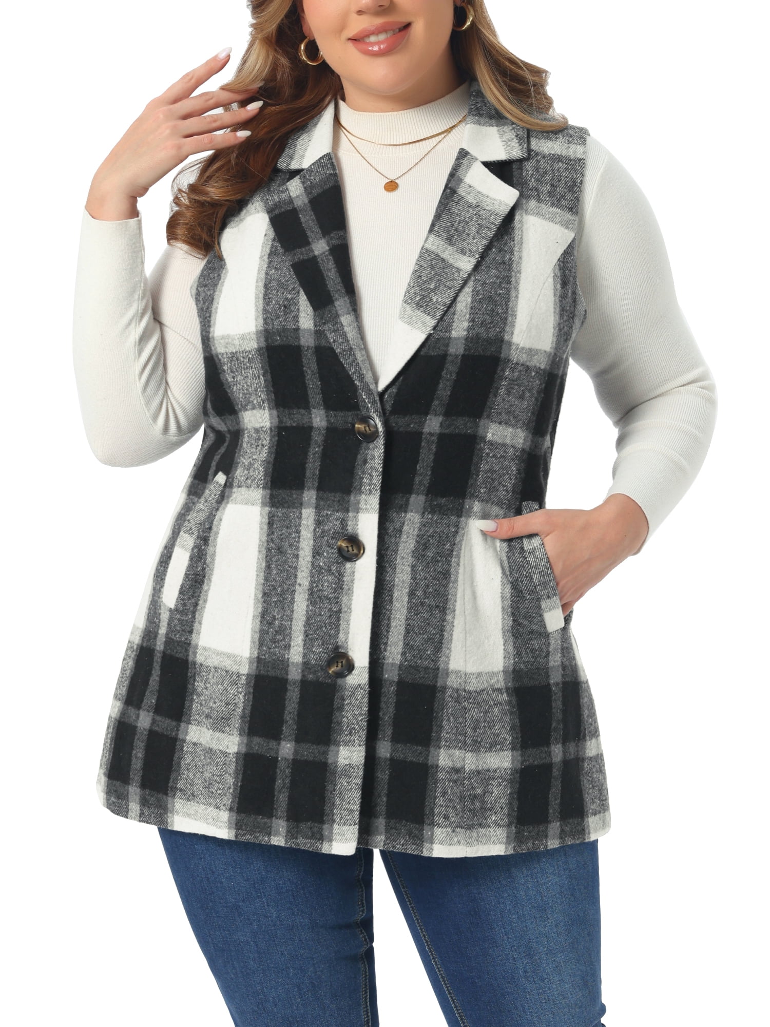 Agnes Orinda Women's Plus Size Jacket Plaid Curvy Notched Button Down ...