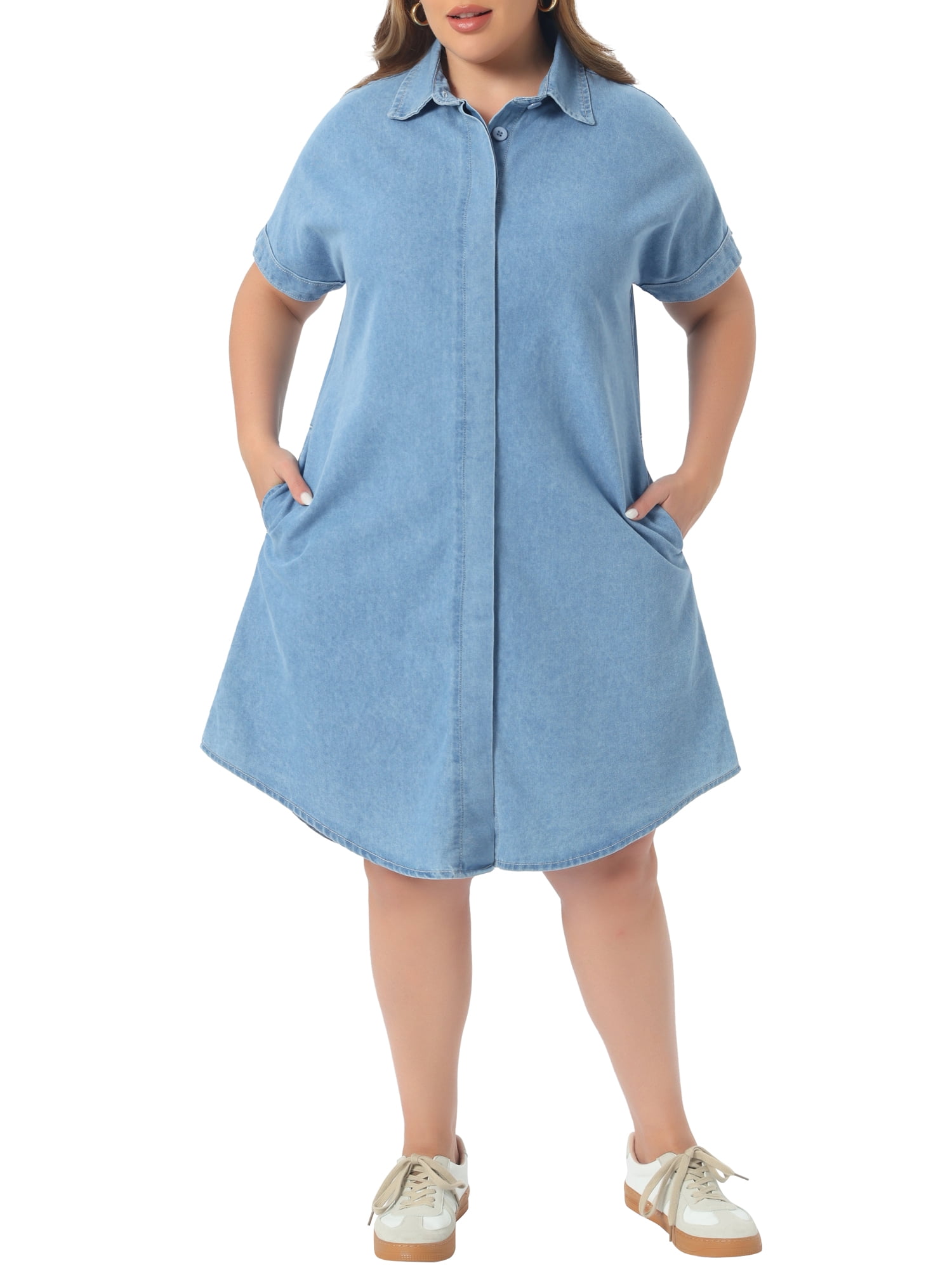 Agnes Orinda Women's Plus Size Jean Denim Dress Lapel Short Sleeve ...