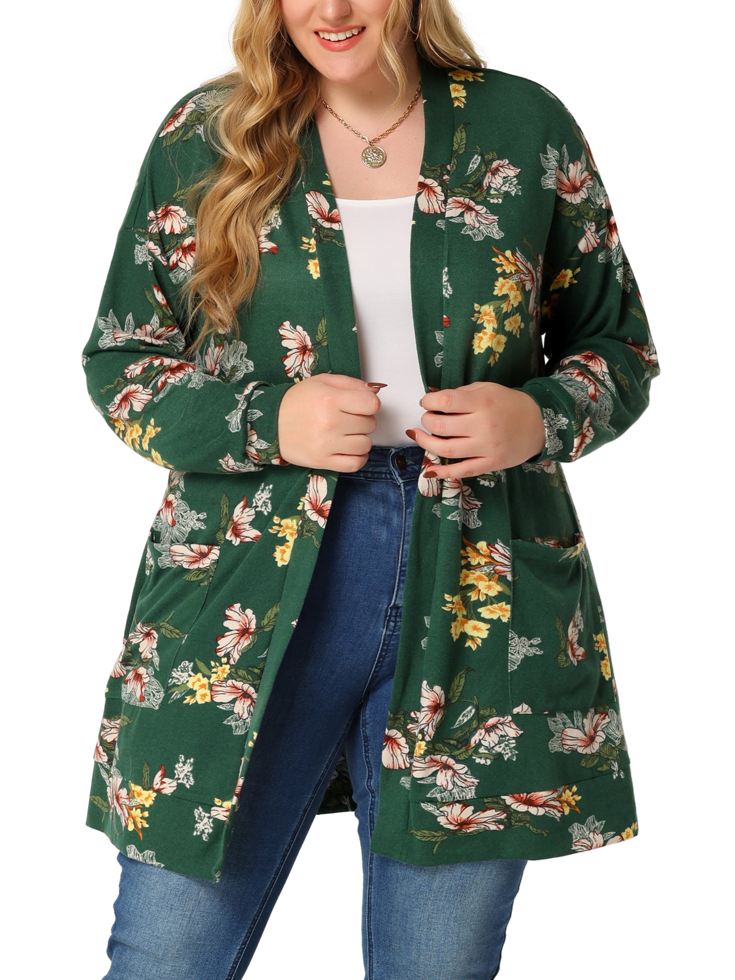 Agnes Orinda Women's Plus Size Long Sleeve Kimono Floral Knit Fall Sweater Cardigans 4X Green ...