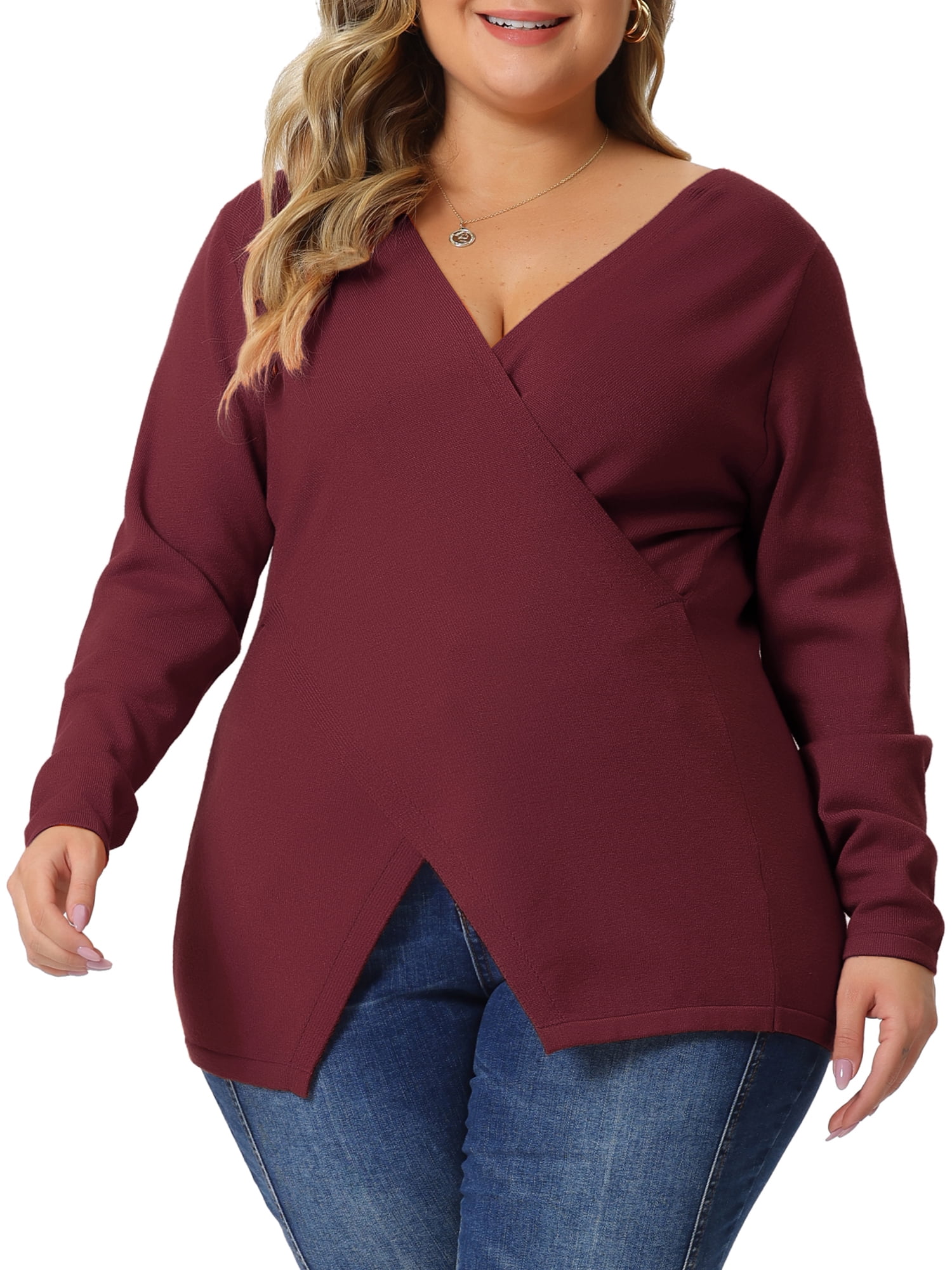 GRACE & GRANDEUR Women's Plus Size Knit Deep V Neck Wrap Curvy Pullover ...