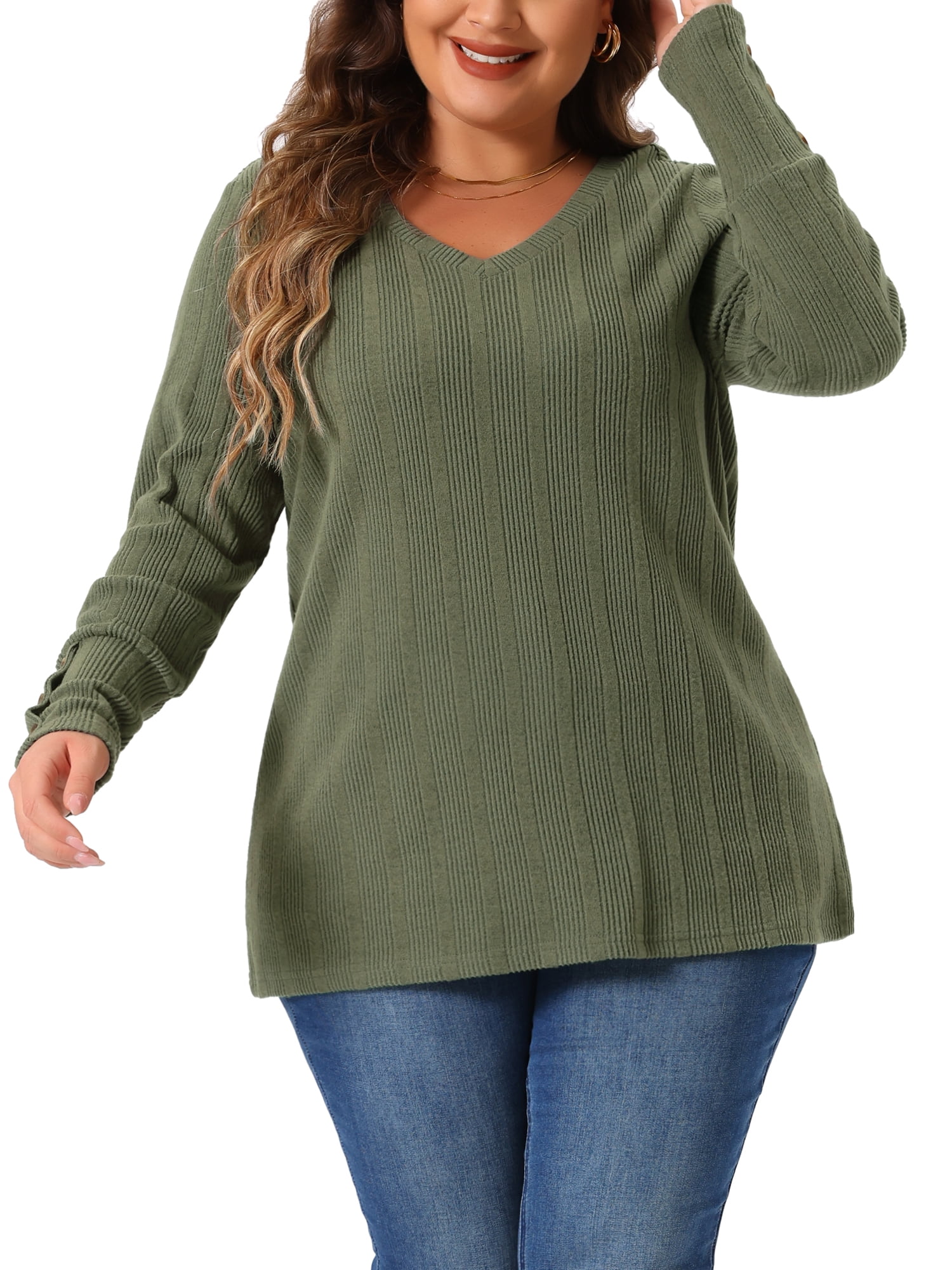 Agnes Orinda Women's Plus Size Knit Tops Long Sleeve V Neck Button ...