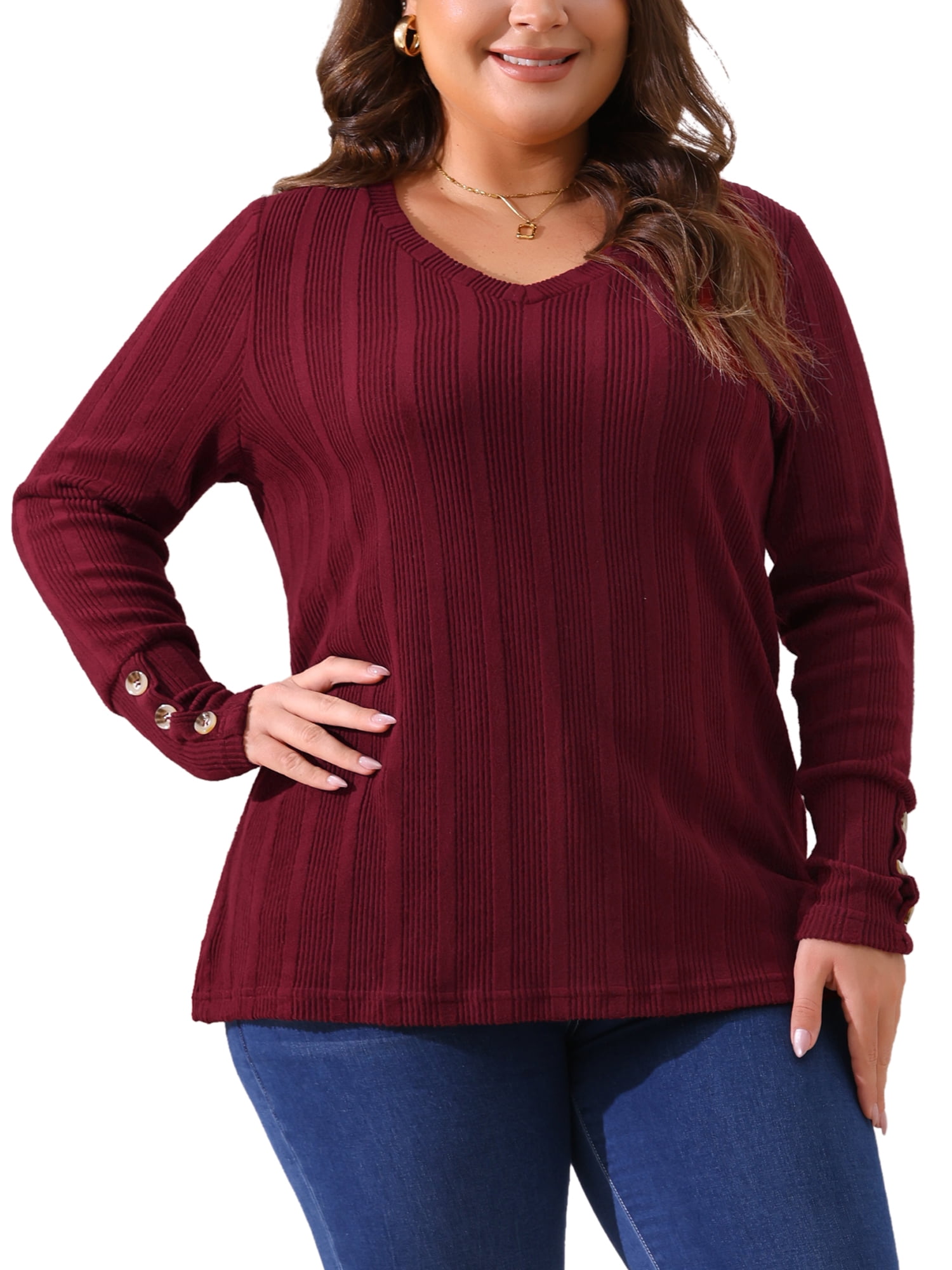 Plus Size Knit Tops for Women Long Sleeve V Neck Button Stretch Casual ...