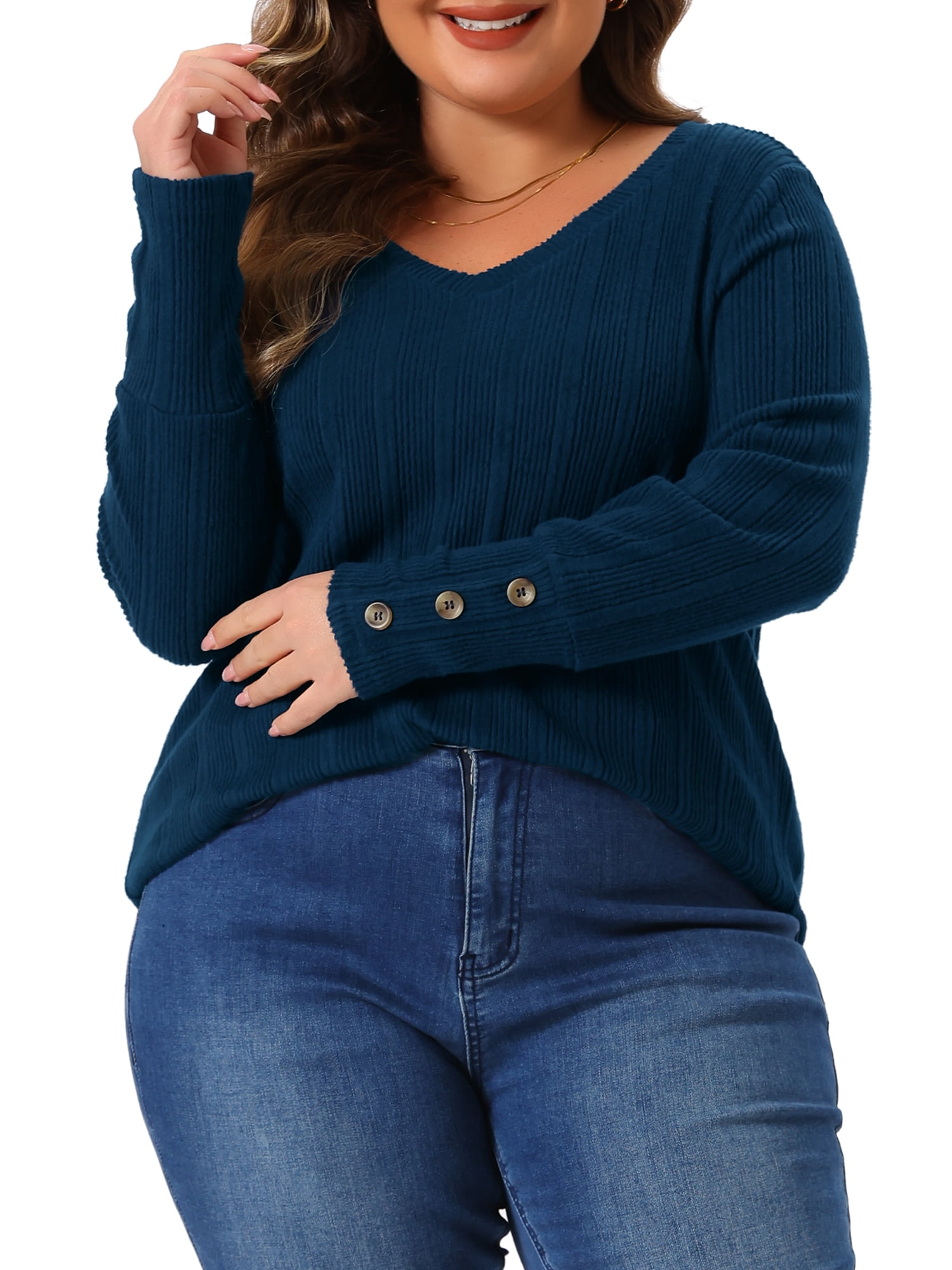 Plus Size Knit Tops for Women Long Sleeve V Neck Button Stretch Casual ...