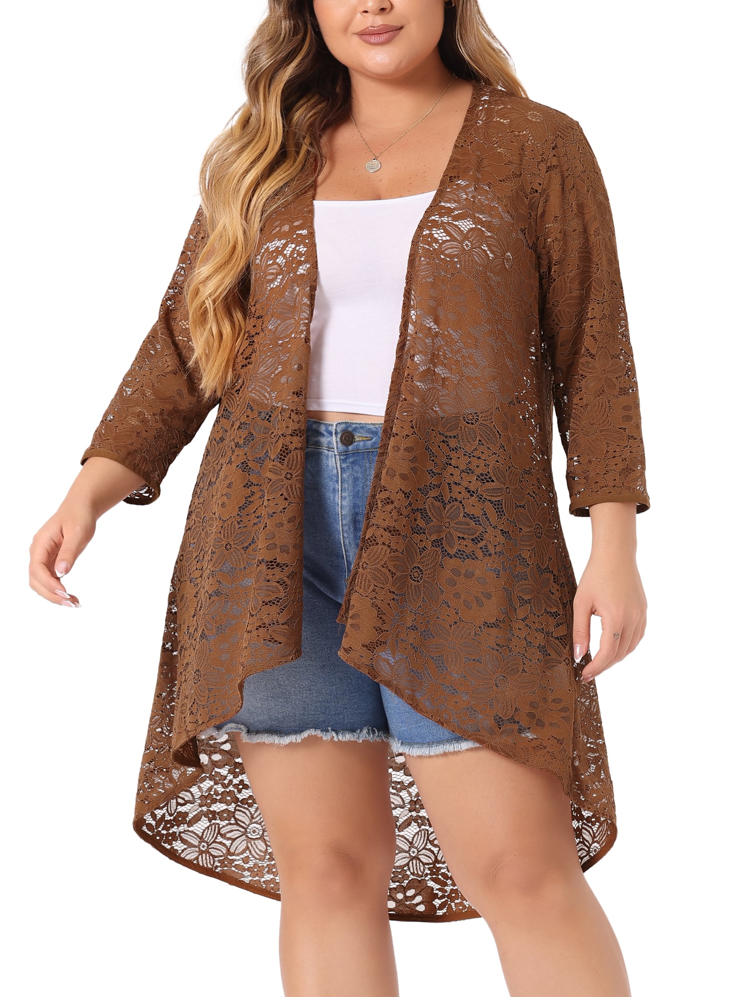 Agnes Orinda Women's Plus Size Lace Floral 3/4 Sleeve Sheer Casual ...