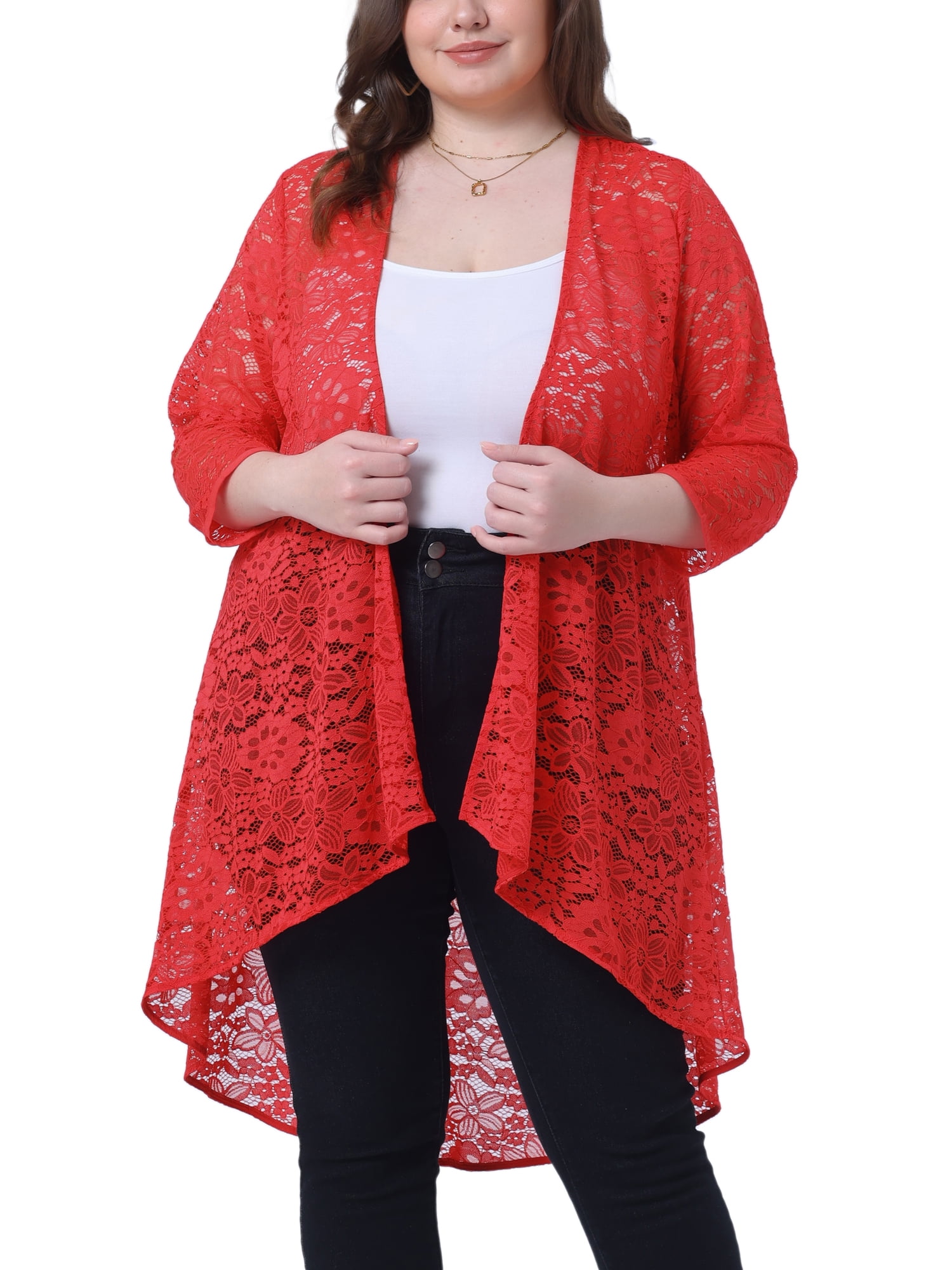 Agnes Orinda Women's Plus Size Lace Floral 3/4 Sleeve Sheer Casual Nylon Cardigans 1X Red ...
