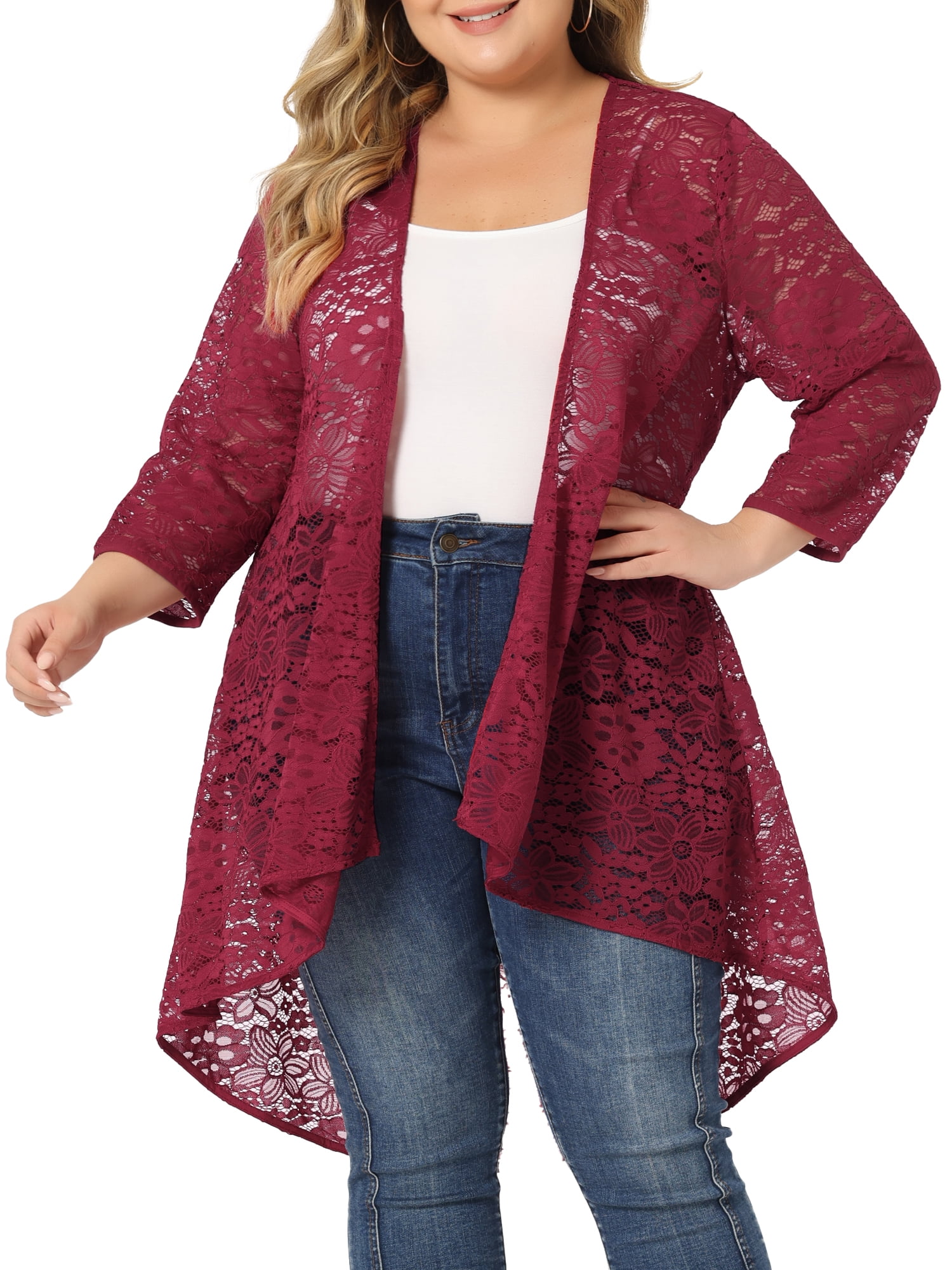 Agnes Orinda Women's Plus Size Lace Floral 3/4 Sleeve Sheer Casual ...