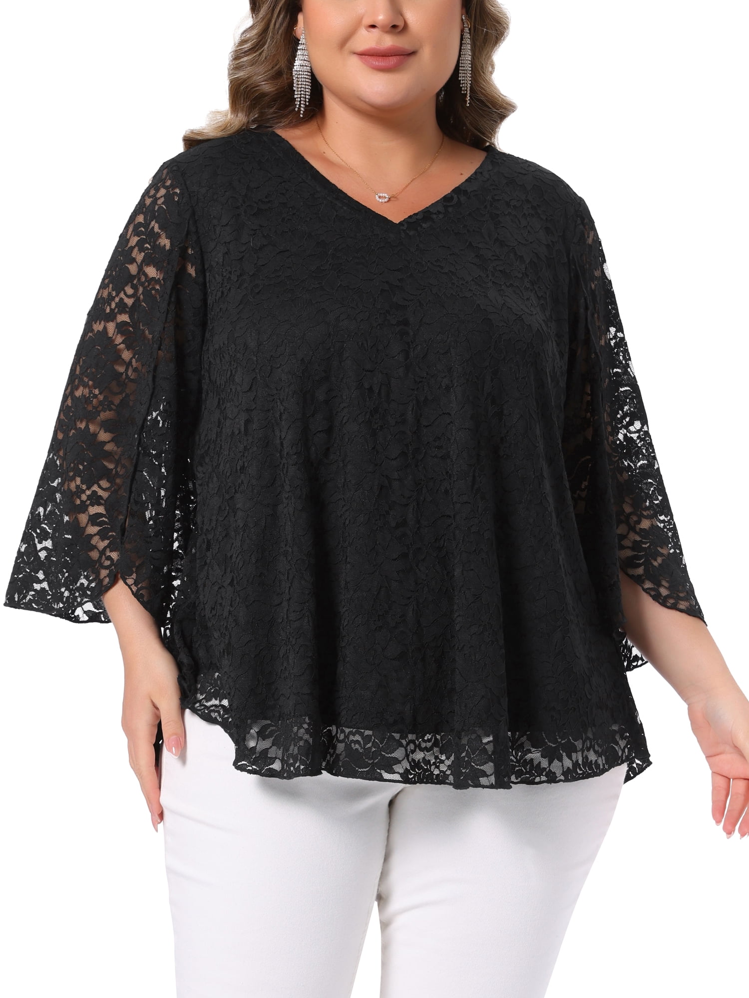Agnes Orinda Women's Plus Size Lace Top V-Neck 3/4 Bell Sleeve Double ...