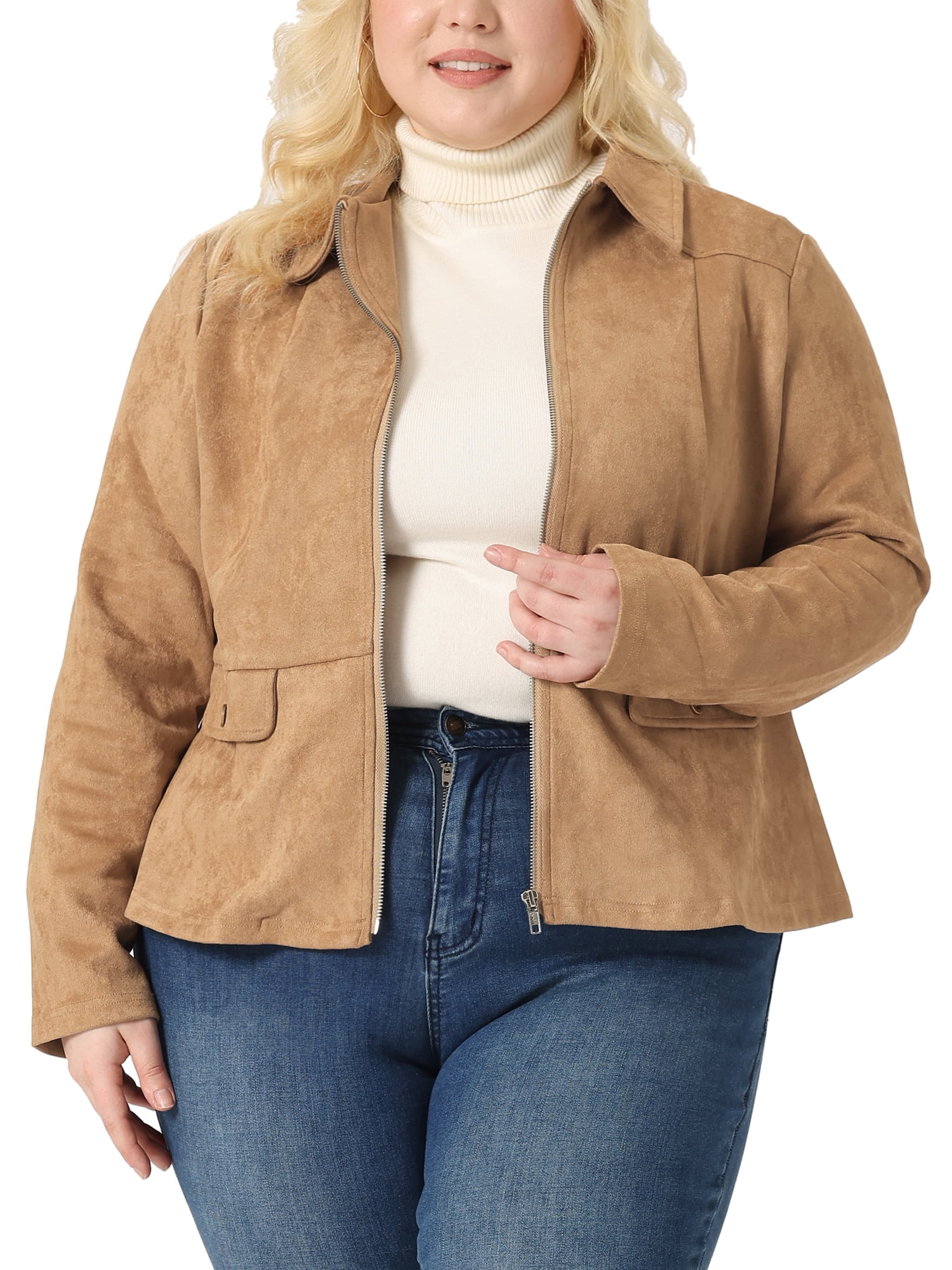 Agnes Orinda Women's Plus Size Lapel Flap Pockets Zip Up Faux Suede ...