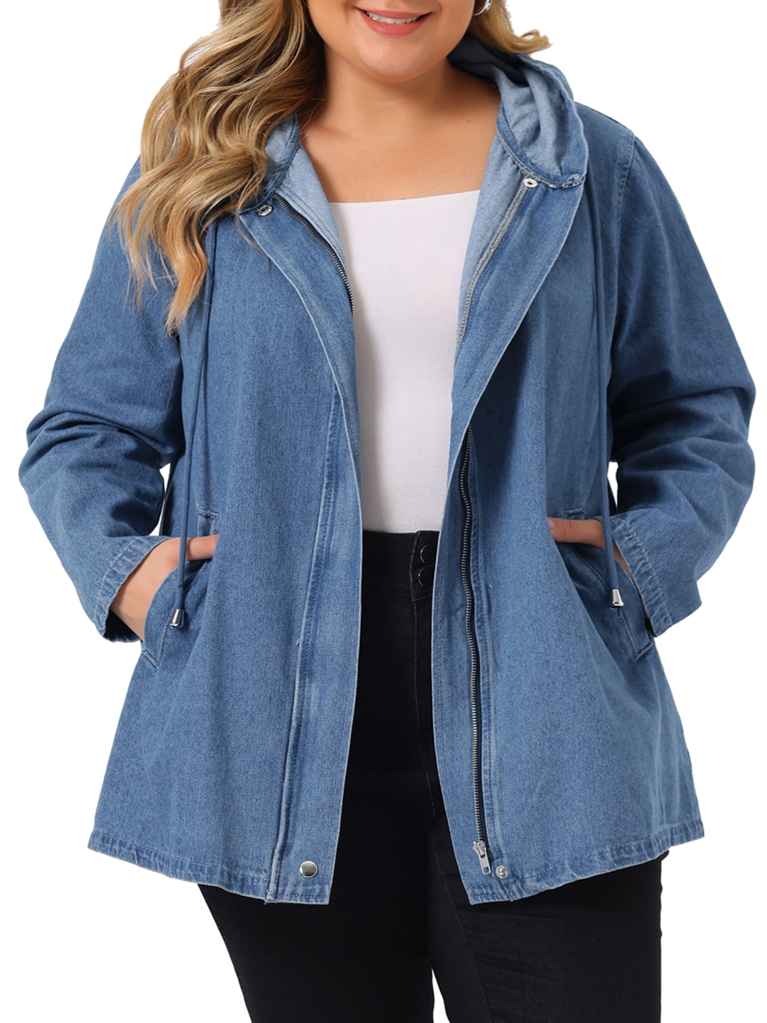 Agnes Orinda Women's Plus Size Layered Drawstring Hood Denim Utility ...