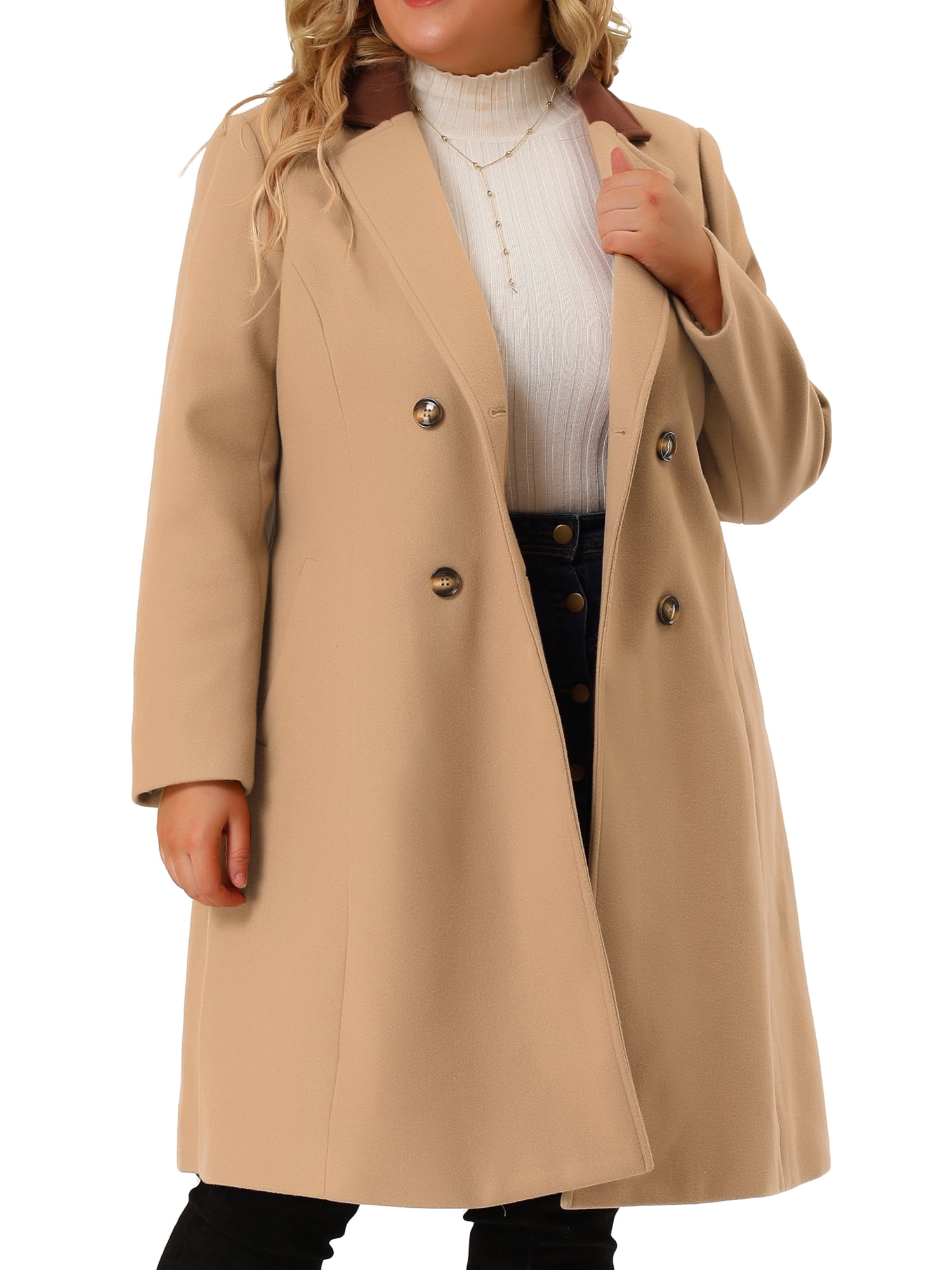 Agnes Orinda Women's Plus Size Long Coats Notched Lapel Double Breasted ...