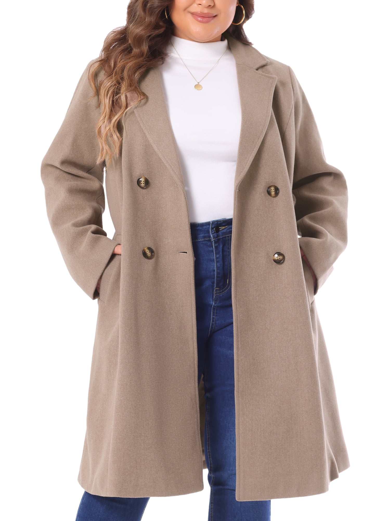 Agnes Orinda Women's Plus Size Long Coats Notched Lapel Double Breasted ...