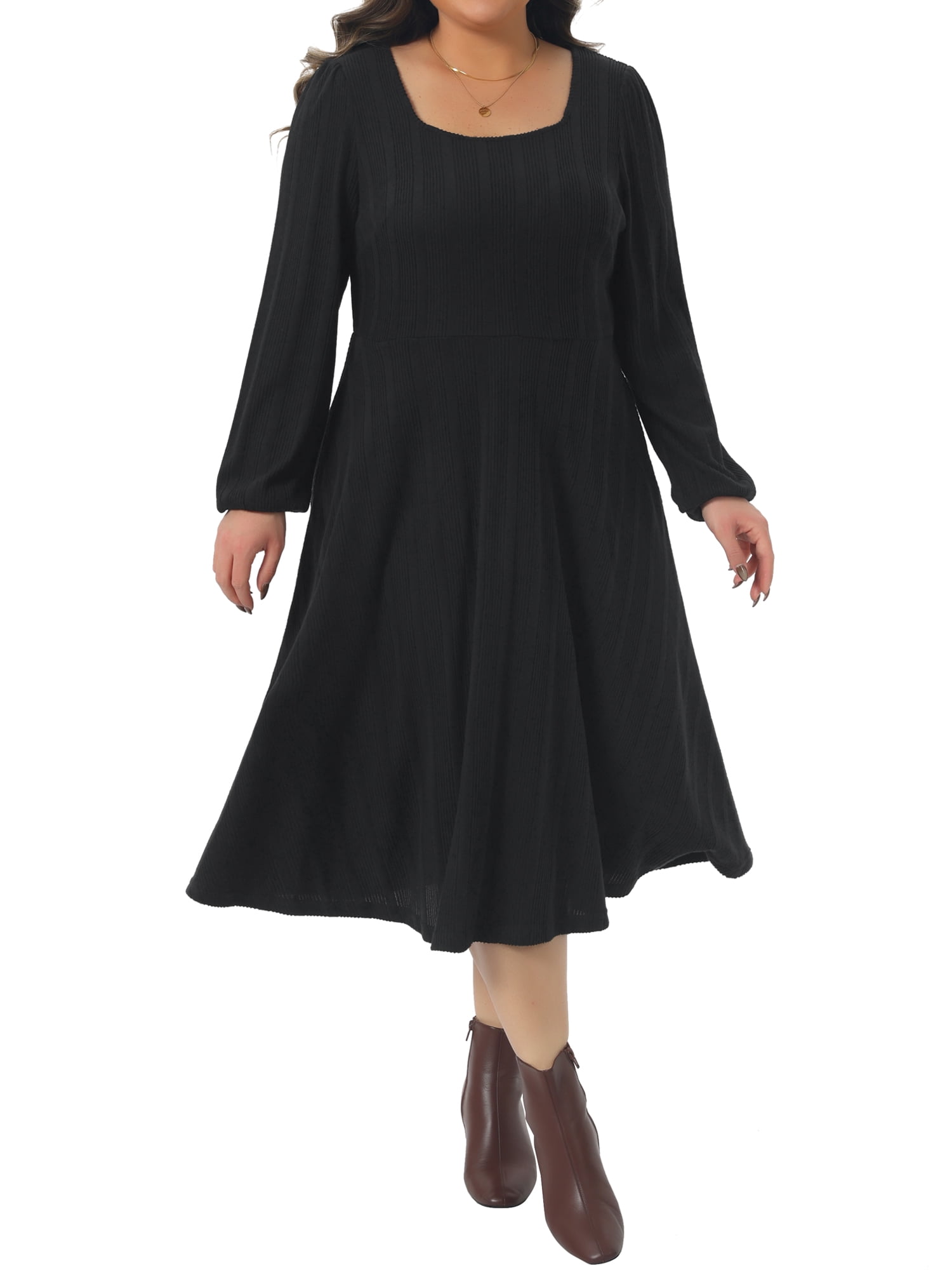 Agnes Orinda Women's Plus Size Long Sleeve Dress Square Neck Pockets ...
