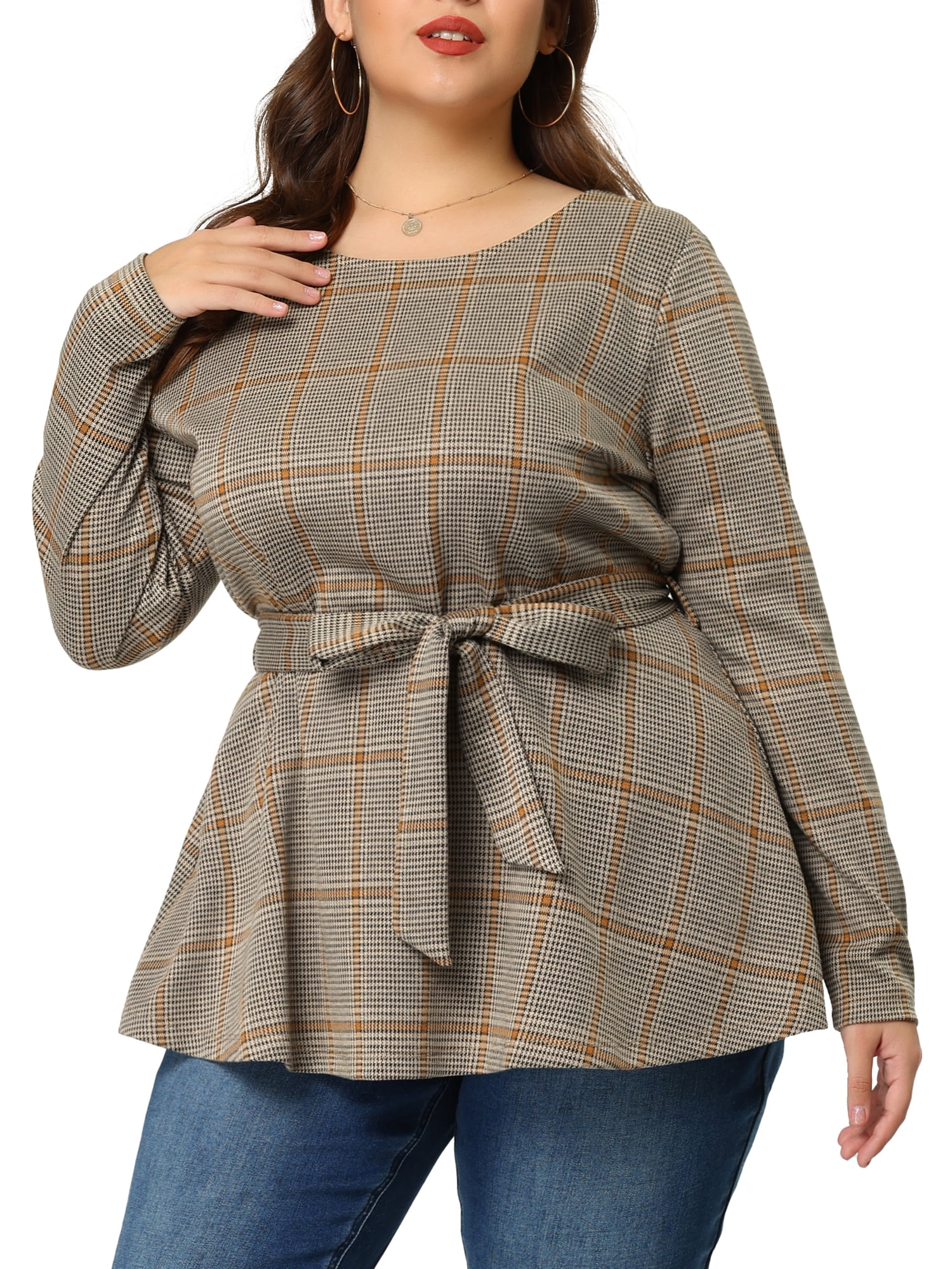 Agnes Orinda Women's Plus Size Long Sleeves Houndstooth Top Belted Tie ...