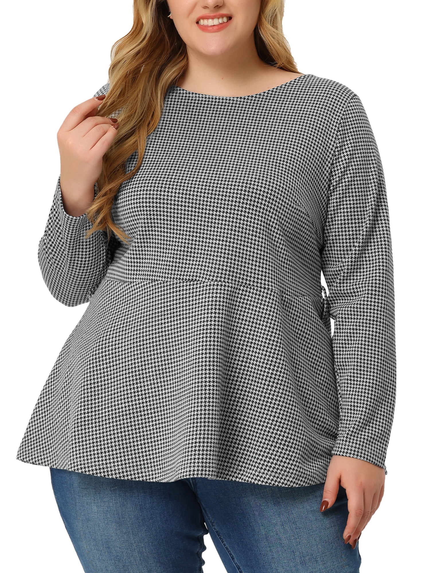 Agnes Orinda Women's Plus Size Long Sleeves Houndstooth Top Belted Tie ...