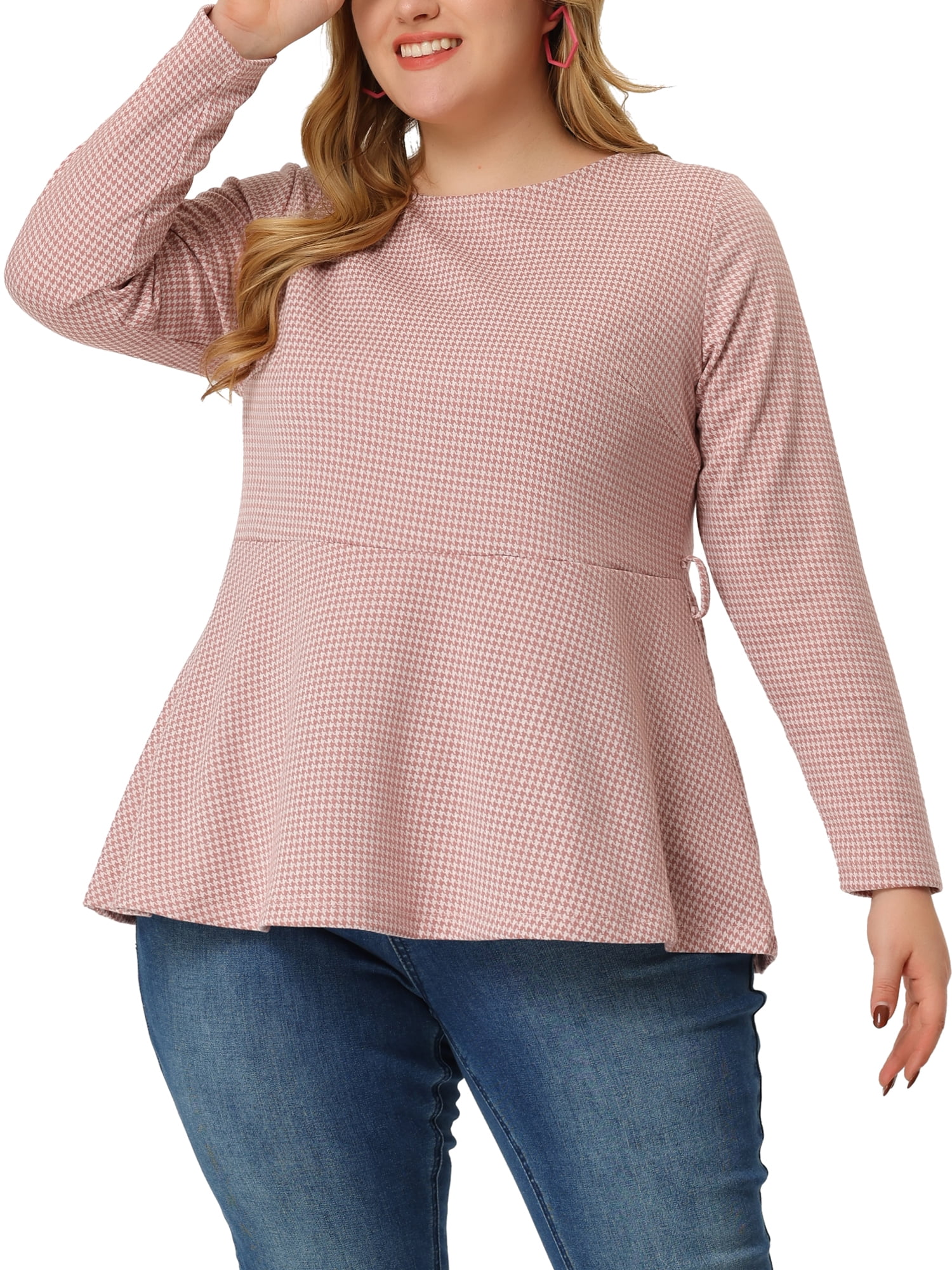 Agnes Orinda Women's Plus Size Long Sleeve Houndstooth Top Belted Tie ...