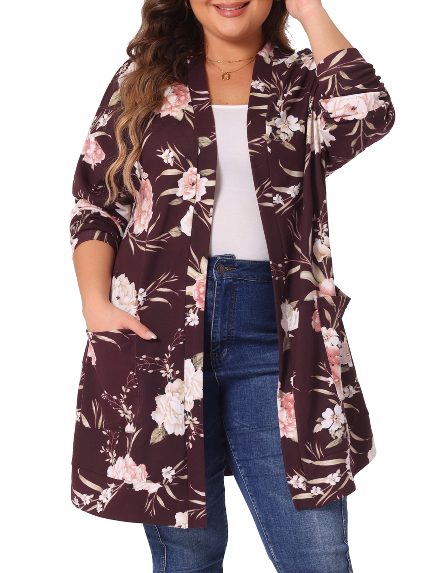 Agnes Orinda Women's Plus Size Long Sleeve Kimono Floral Spring Fall ...