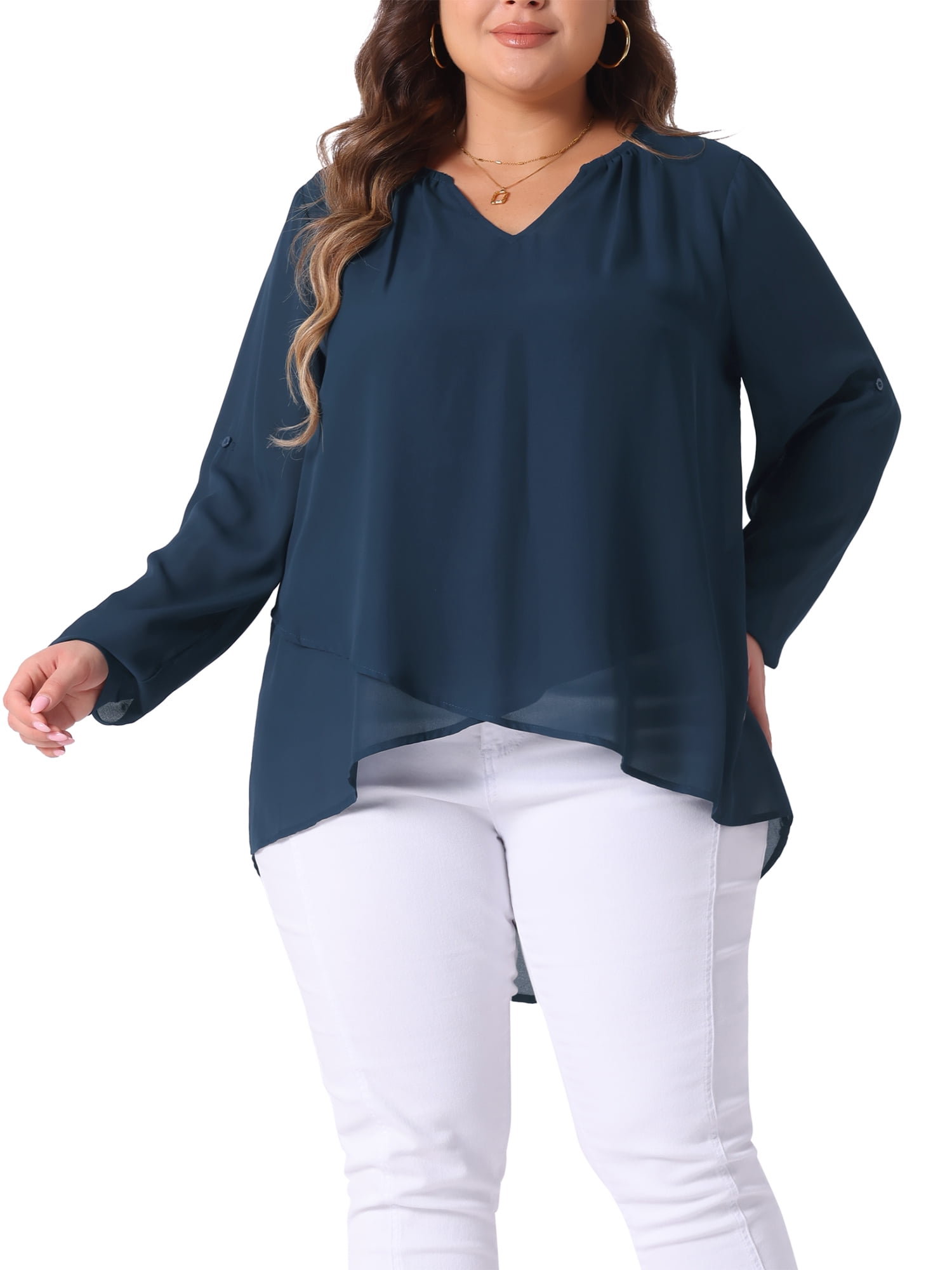 Agnes Orinda Women's Plus Size Long Sleeve Notch V Neck High Low Hem Layer Casual Tunic Tops 2X ...