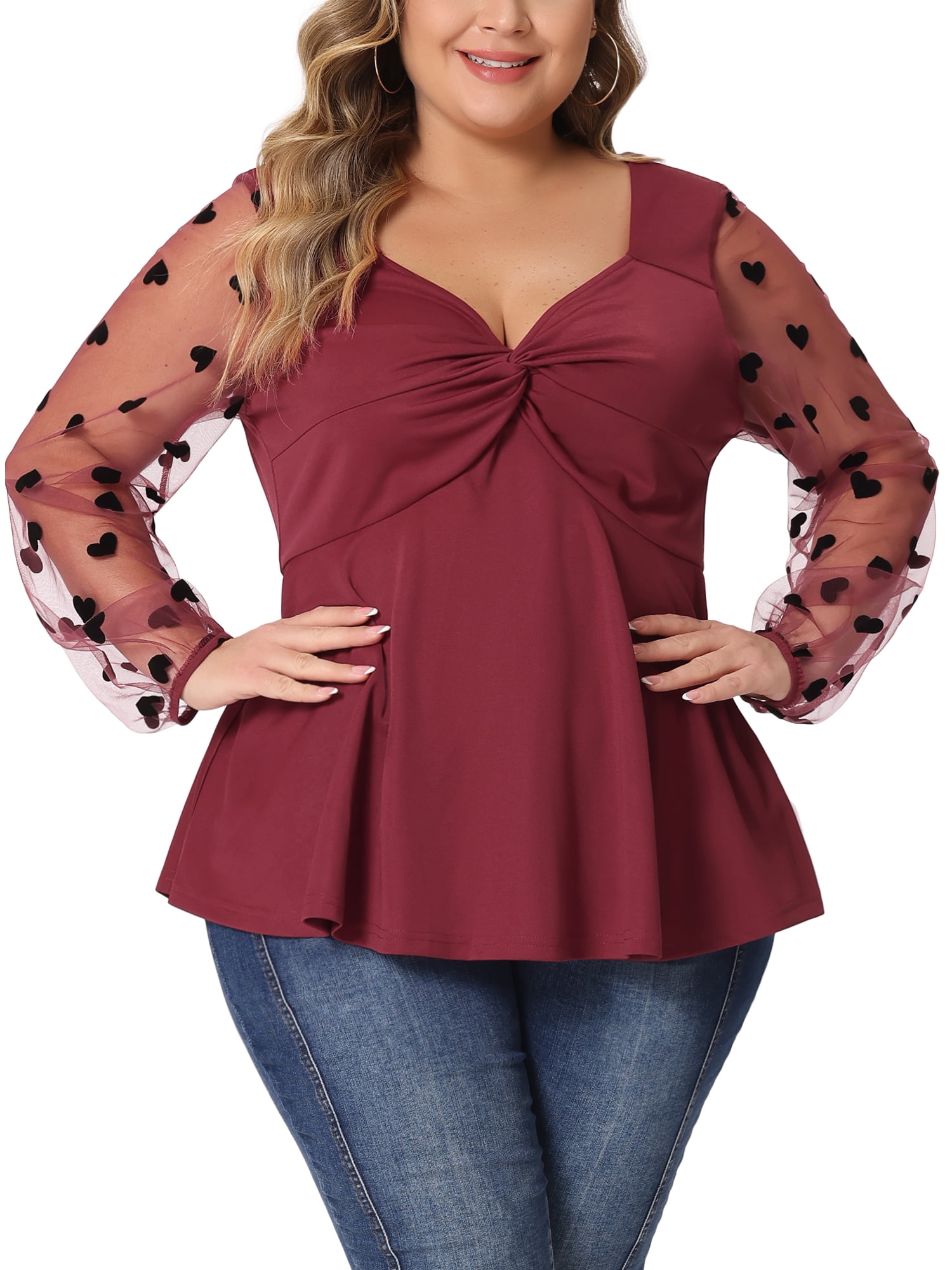 Agnes Orinda Womens Plus Size Long Sleeve V Neck Mesh Sheer Peplum